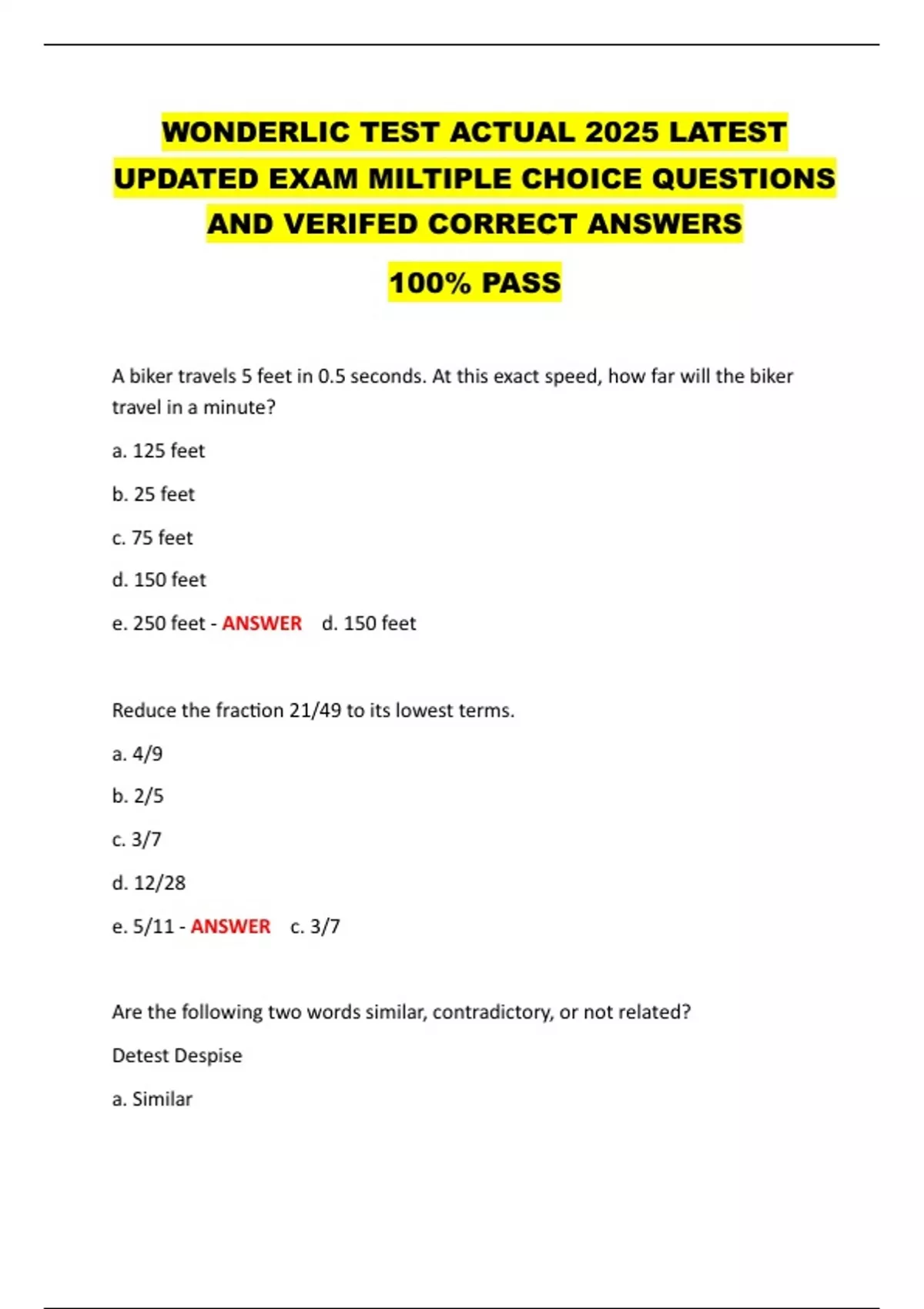 WONDERLIC TEST ACTUAL 2025 LATEST UPDATED EXAM MILTIPLE CHOICE ...