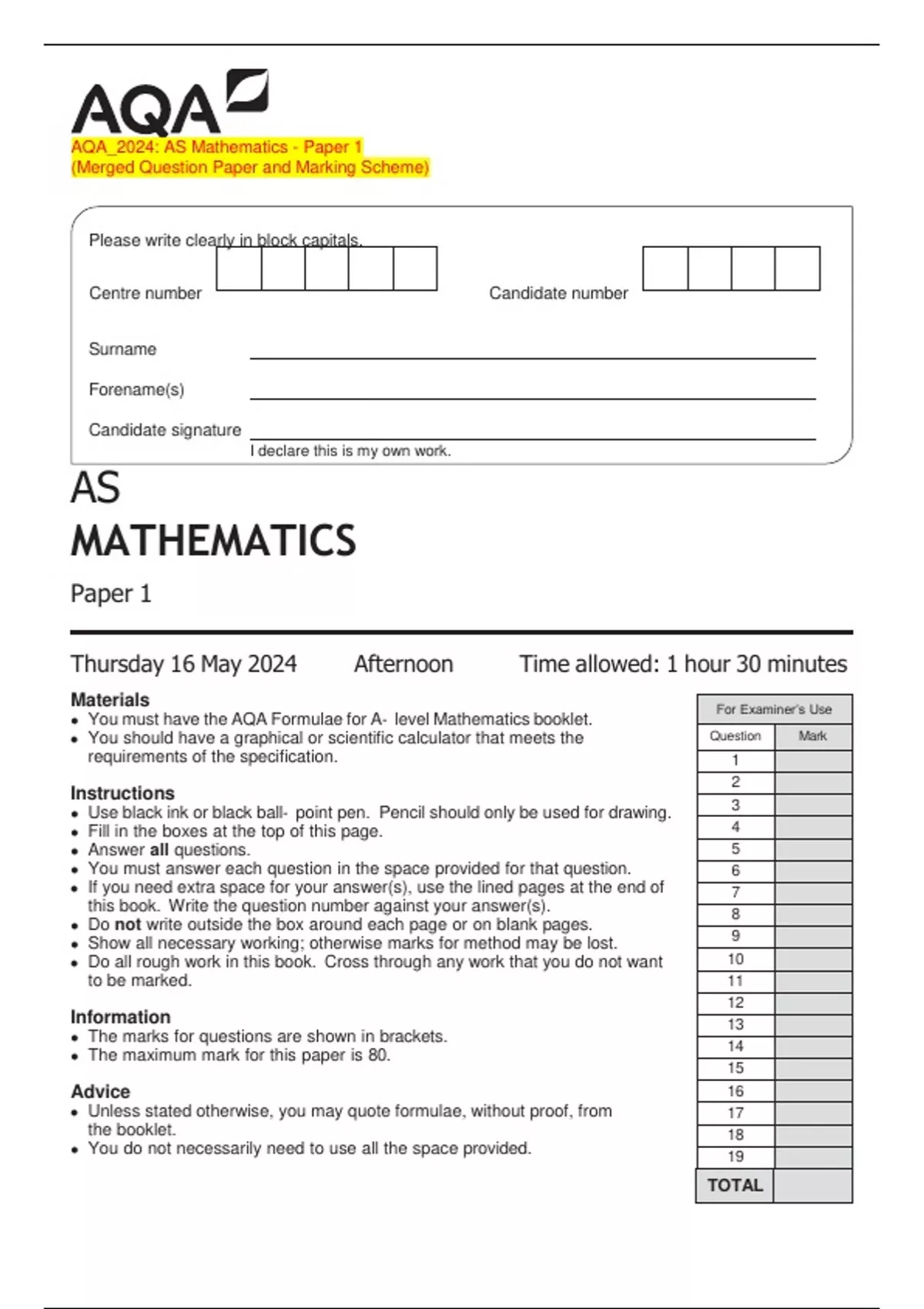 AQA_2024: AS Mathematics - Paper 1 (Merged Question Paper and Marking ...