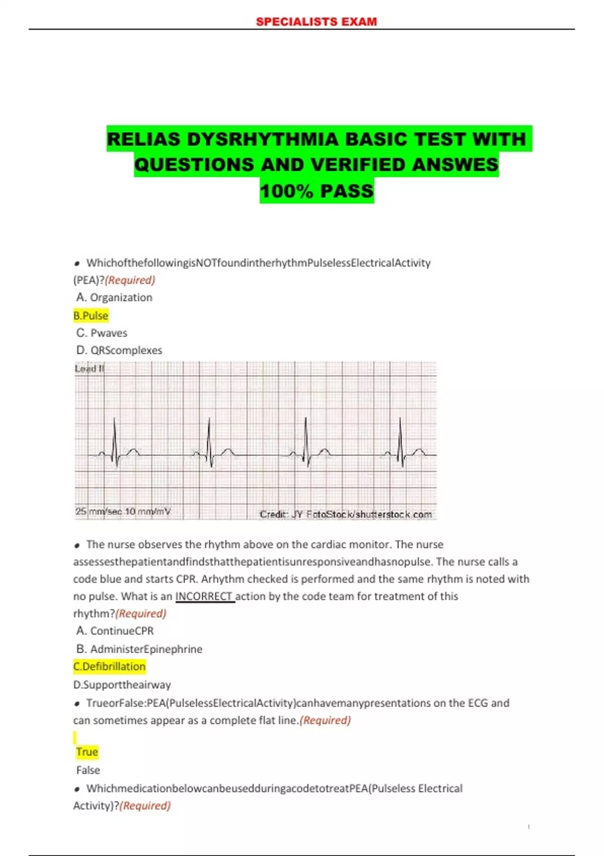RELIAS DYSRHYTHMIA BASIC TEST WITH QUESTIONS AND VERIFIED ANSWES 100% ...