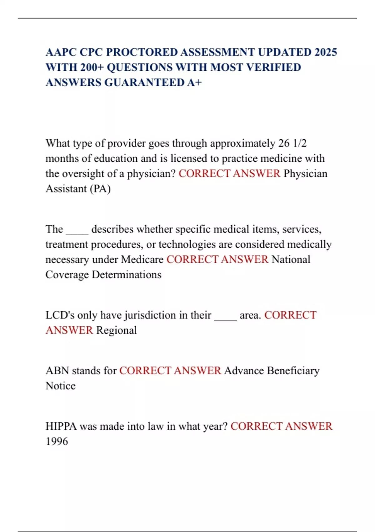 AAPC CPC PROCTORED ASSESSMENT UPDATED 2025 WITH 200+ QUESTIONS WITH ...