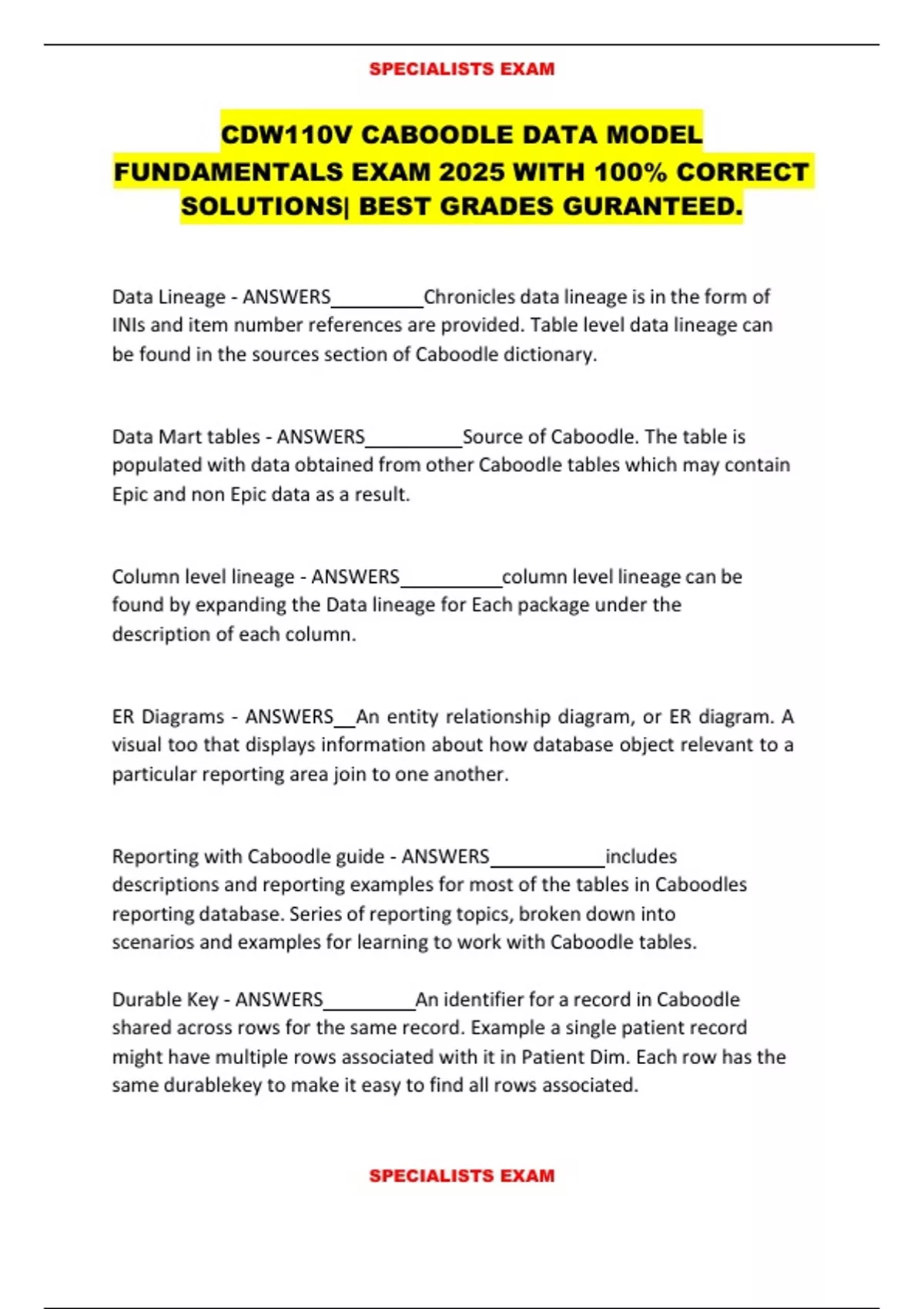 CDW110V CABOODLE DATA MODEL FUNDAMENTALS EXAM 2025 WITH 100% CORRECT ...