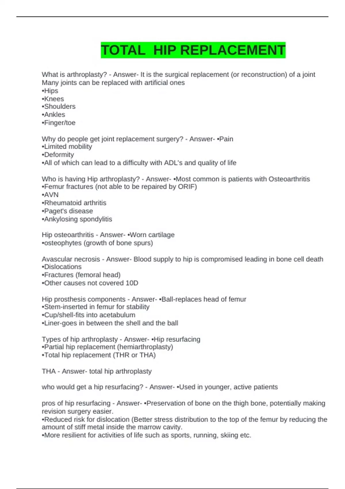 TOTAL HIP REPLACEMENT EXAM QUESTIONS AND ANSWERS - TOTAL HIP ...