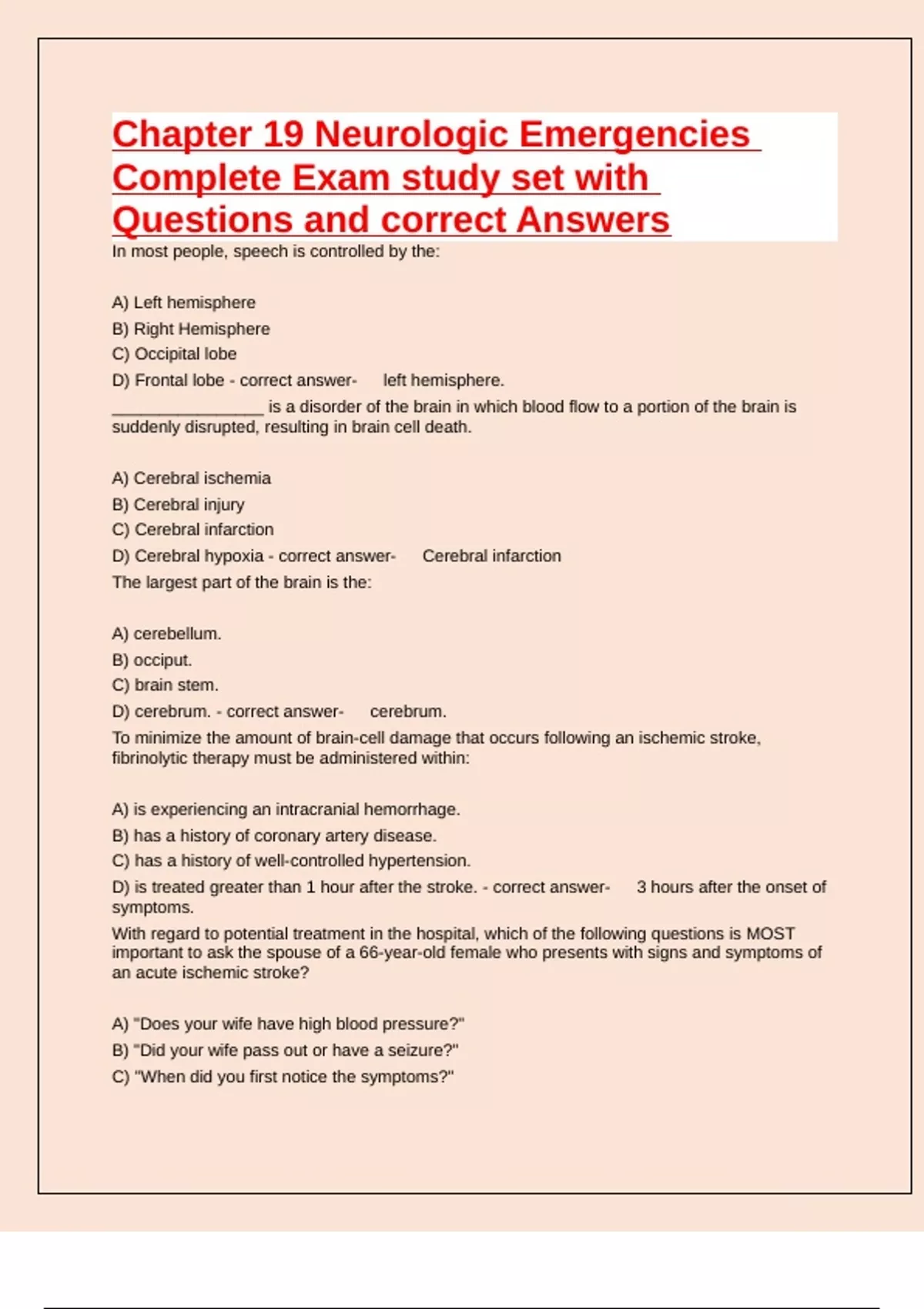Chapter 19 Neurologic Emergencies Complete Exam study set with ...