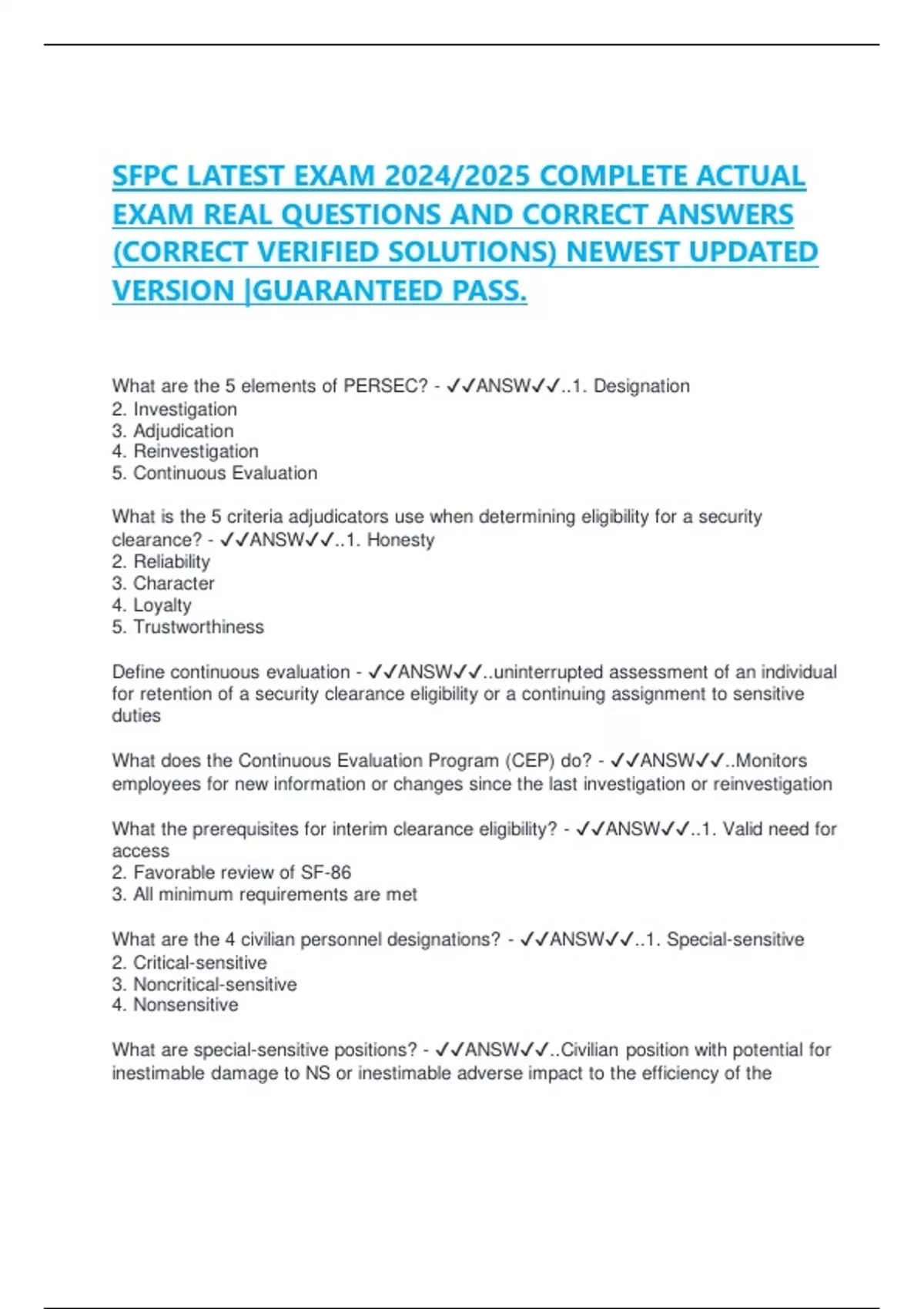 Sfpc Latest Exam 2024 2025 Complete Actual Exam Real Questions And Correct Answers Correct