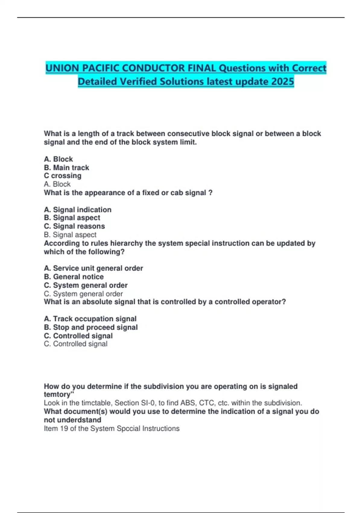 UNION PACIFIC CONDUCTOR FINAL Questions with Correct Detailed Verified ...