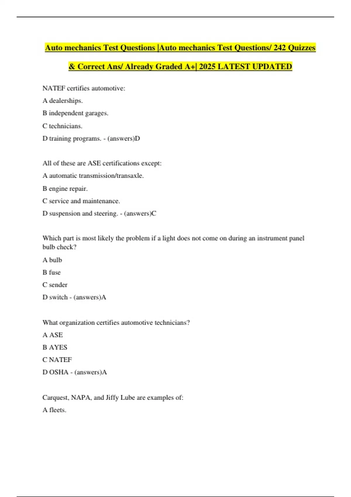 Auto mechanics Test Questions |Auto mechanics Test Questions/ 242 ...