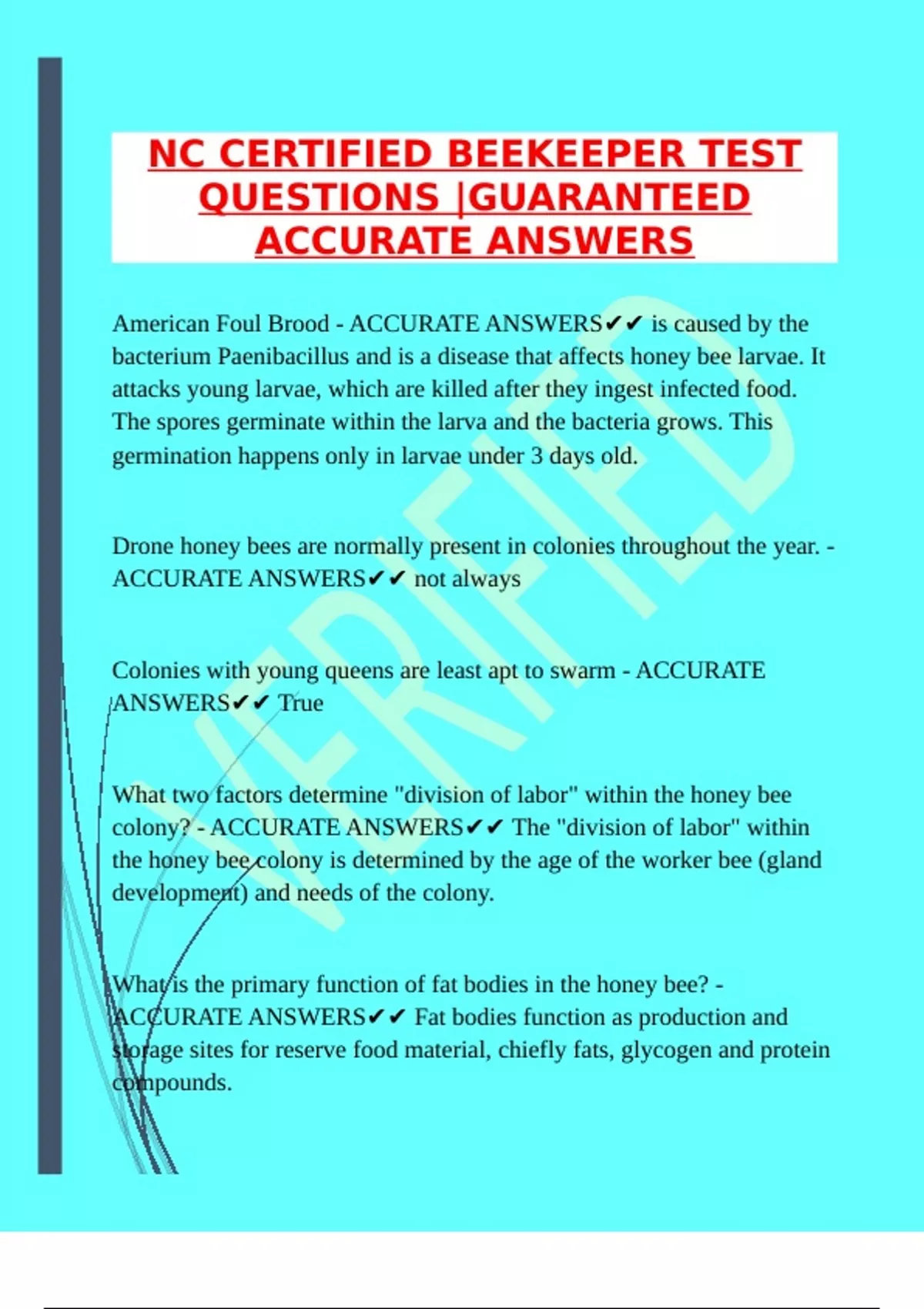 NC CERTIFIED BEEKEEPER TEST QUESTIONS |GUARANTEED ACCURATE ANSWERS - NC ...