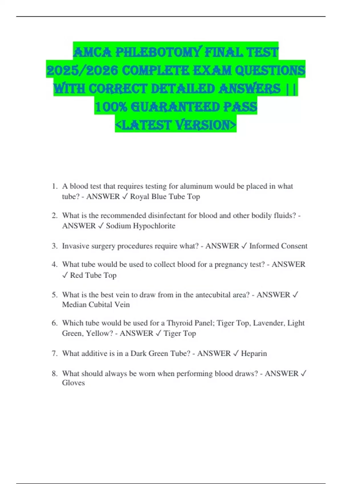Amca Phlebotomy Final Test 2025 2026 Complete Exam Questions With