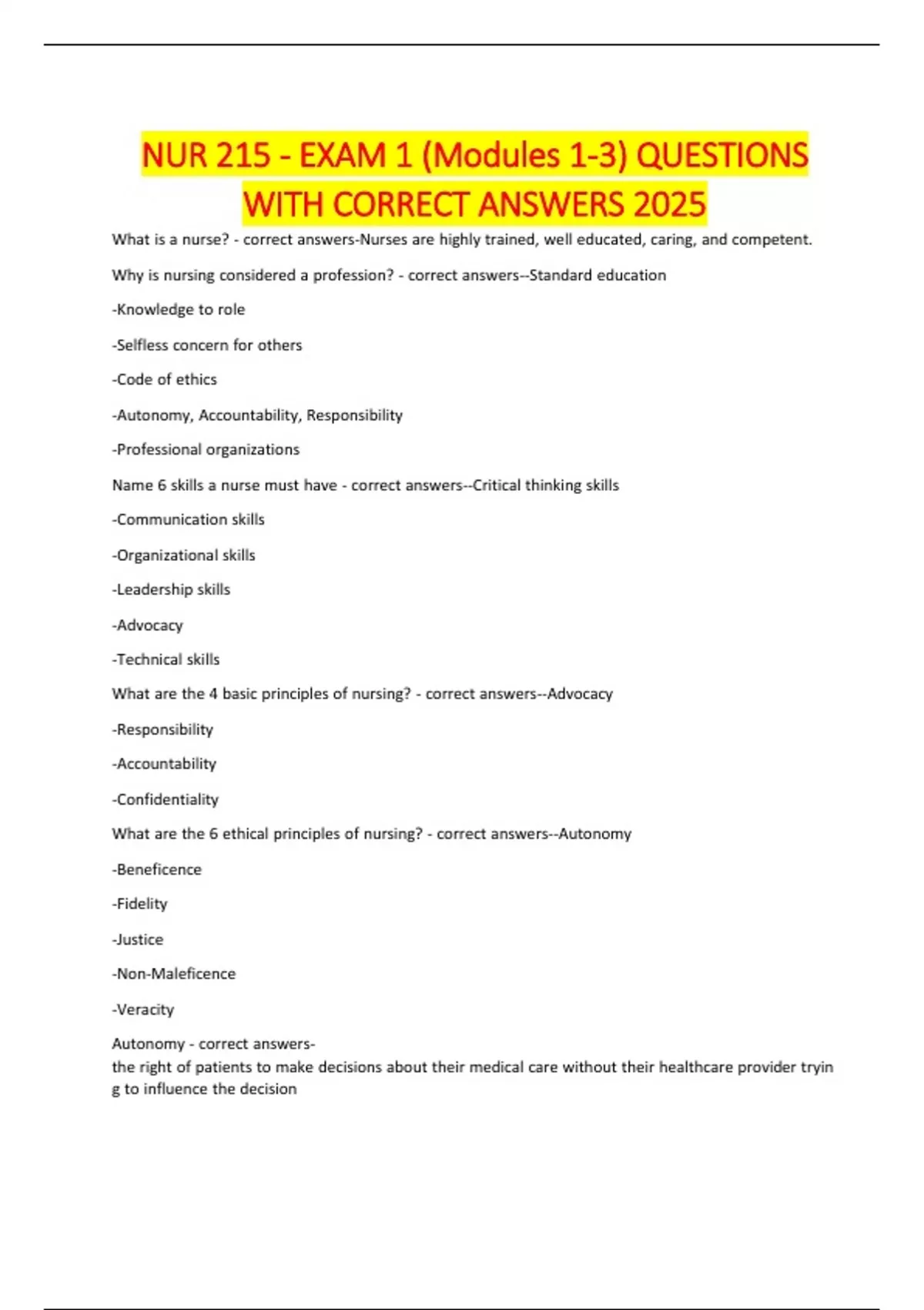 NUR 215 - EXAM 1 (Modules 1-3) QUESTIONS WITH CORRECT ANSWERS 2025 ...