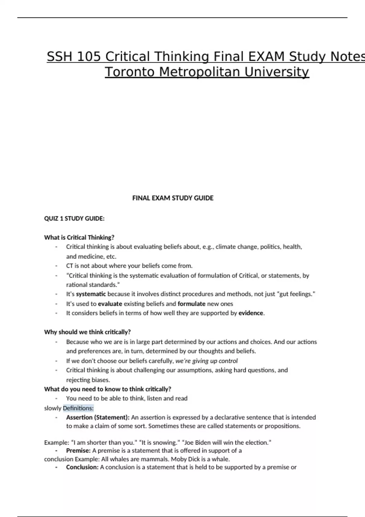 SSH 105 Critical Thinking Final EXAM Study Notes Toronto Metropolitan ...