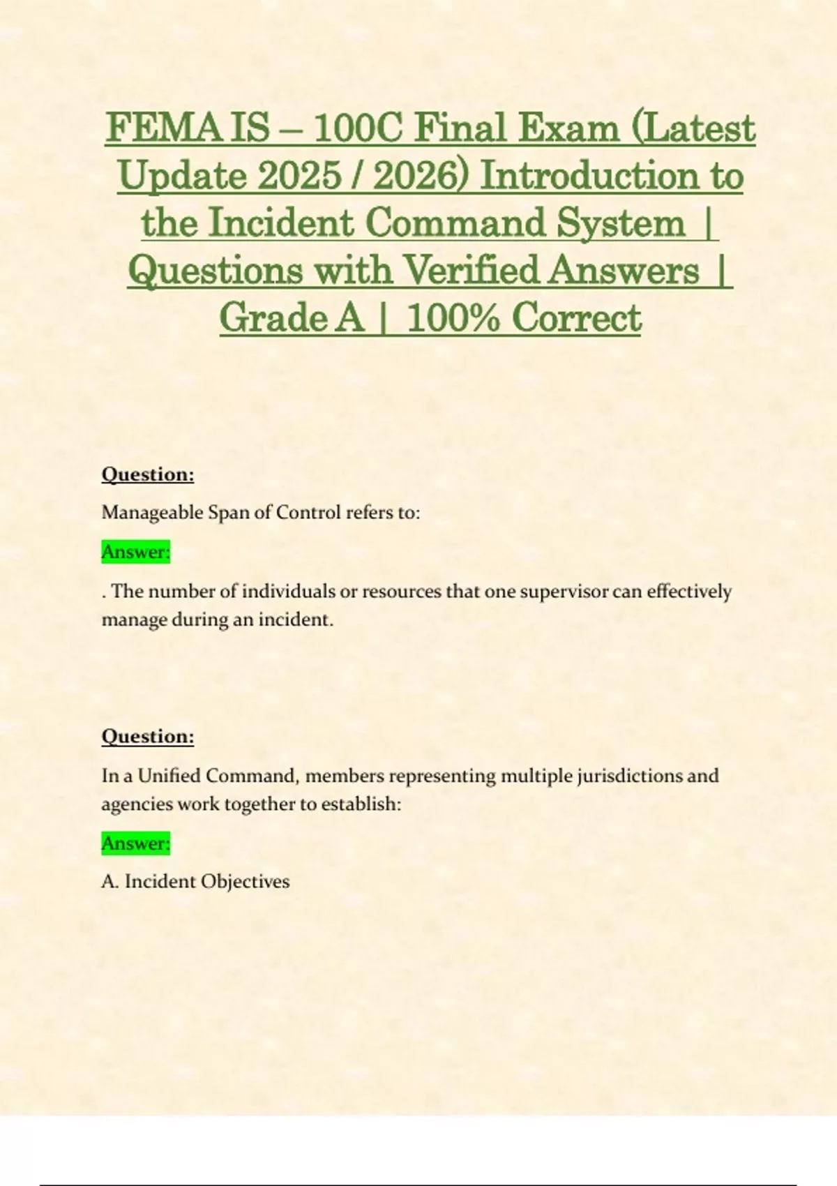 FEMA IS - 100C Final Exams (Latest 2025 / 2026 Updates STUDY BUNDLE ...