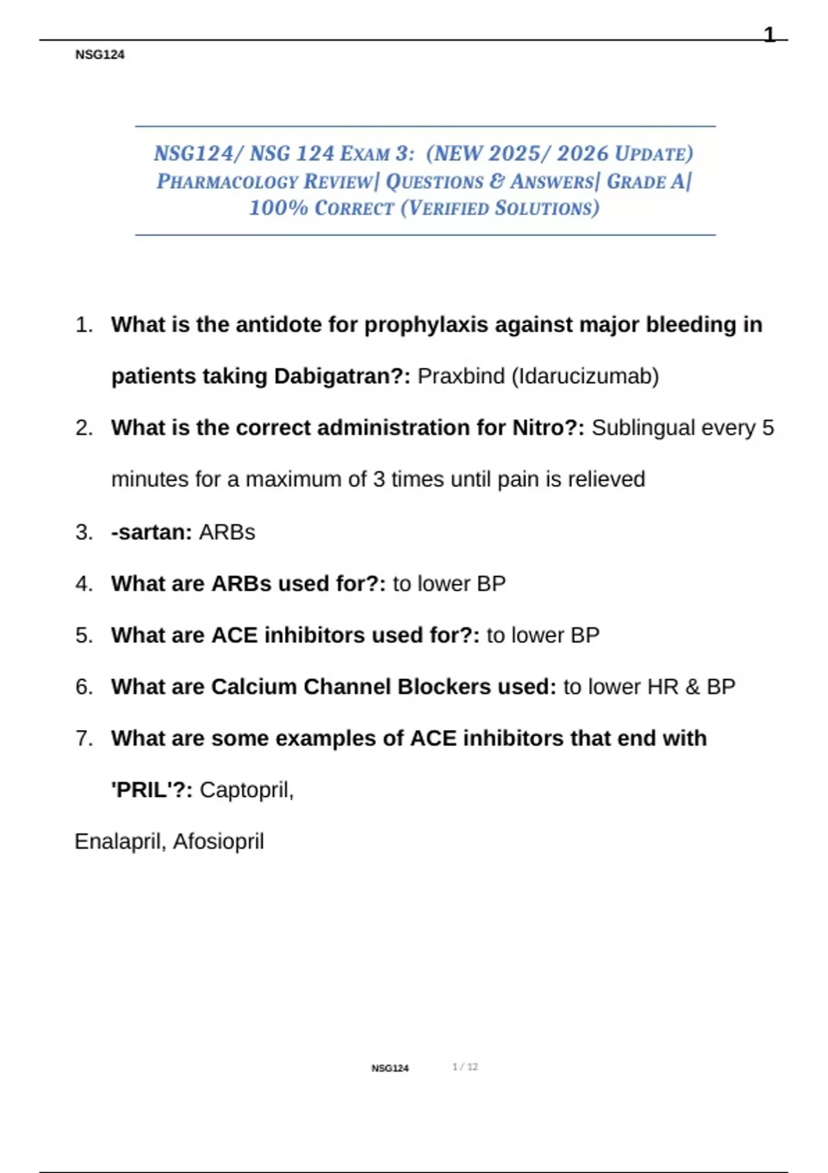NSG 124 – Pharmacology (GCU) – Exam 3 Review | Questions & Answers ...