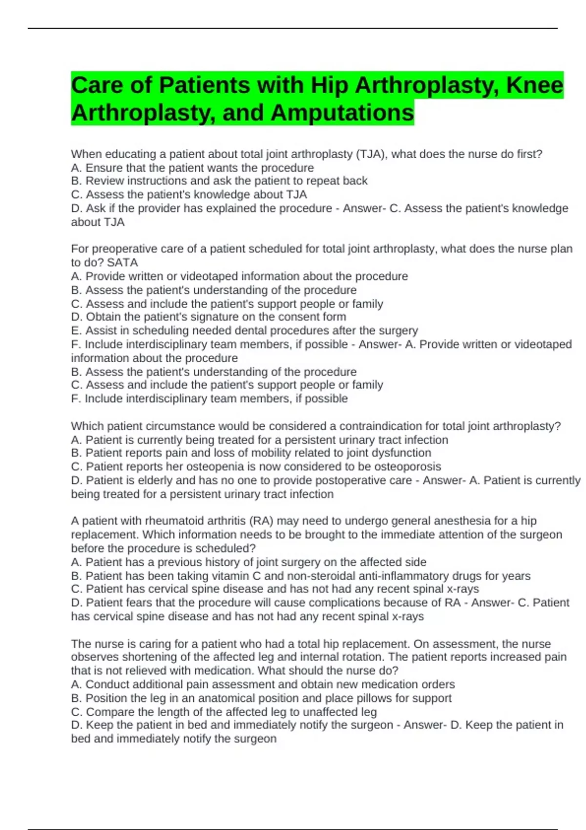 Care of Patients with Hip Arthroplasty, Knee Arthroplasty, and ...