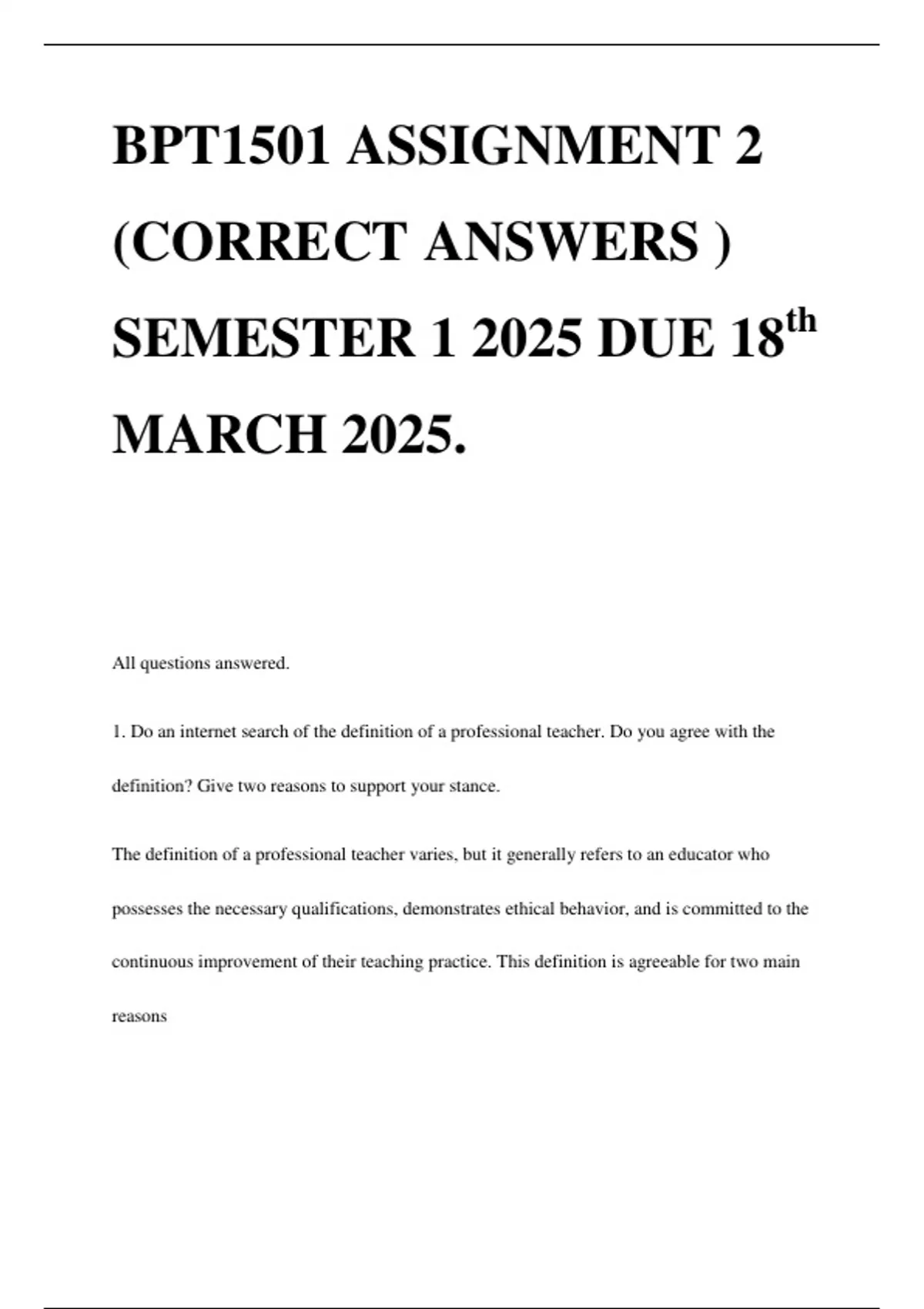 BPT1501 ASSIGNMENT 2 (CORRECT ANSWERS ) SEMESTER 1 2025 DUE 18th MARCH 2025. - BPT1501 - Stuvia SA