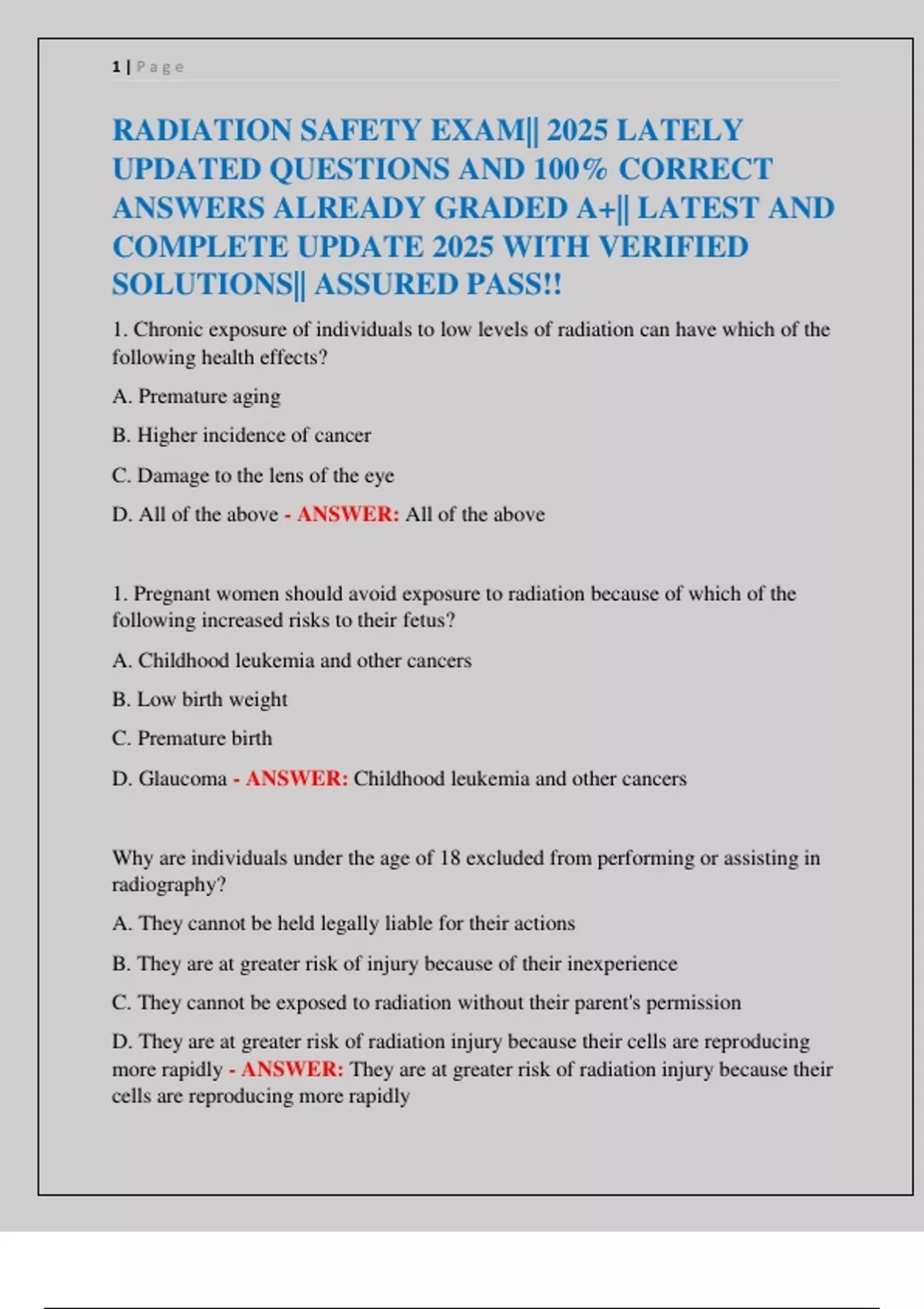 RADIATION SAFETY EXAM|| 2025 LATELY UPDATED QUESTIONS AND 100% CORRECT ...
