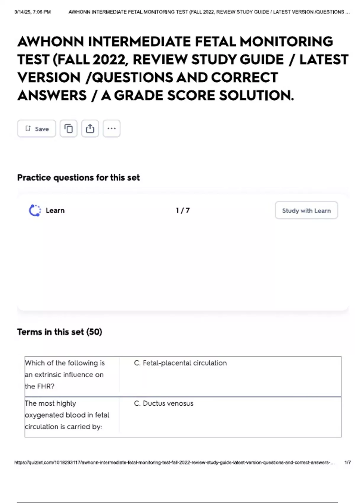 AWHONN INTERMEDIATE FETAL MONITORING TEST (FALL 2022, REVIEW STUDY ...