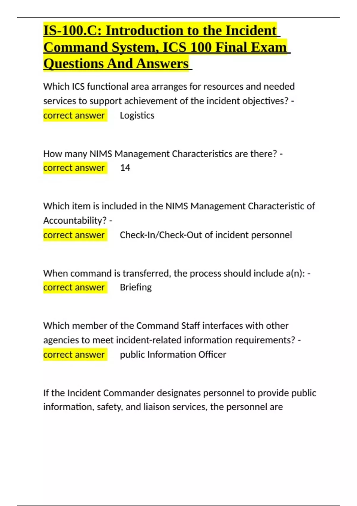 IS-100.C Introduction to the Incident Command System, ICS 100 Final ...