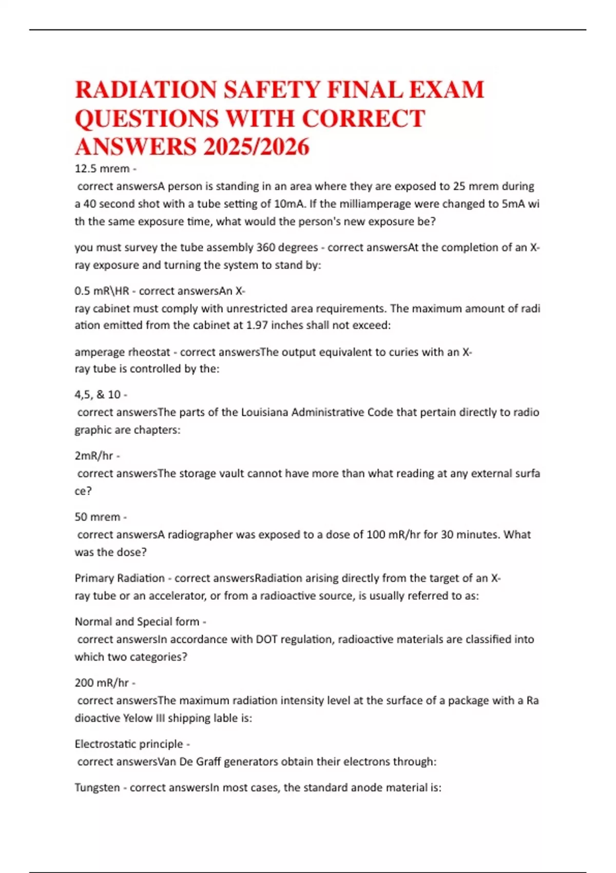 RADIATION SAFETY FINAL EXAM QUESTIONS WITH CORRECT ANSWERS 2025 ...