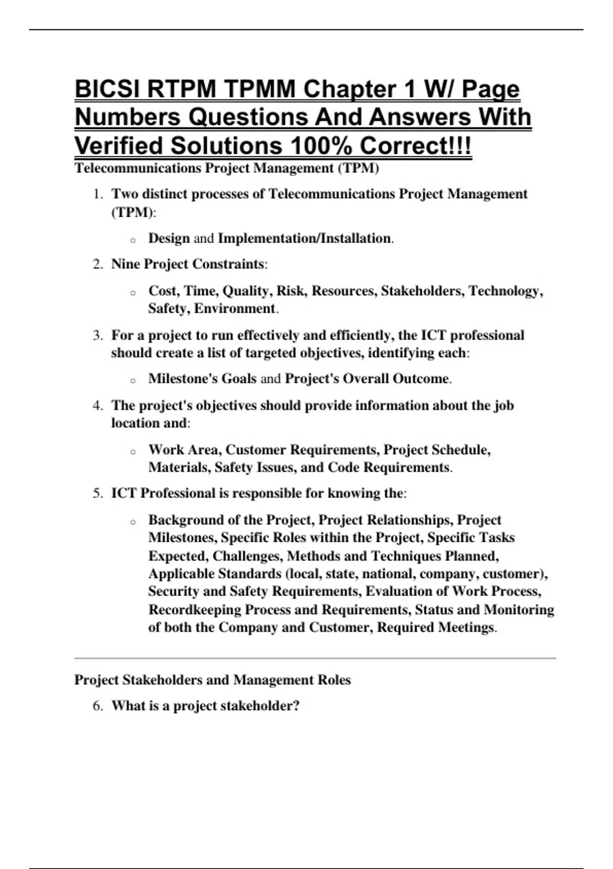 BICSI RTPM TPMM Chapter 1 W/ Page Numbers Questions And Answers With ...
