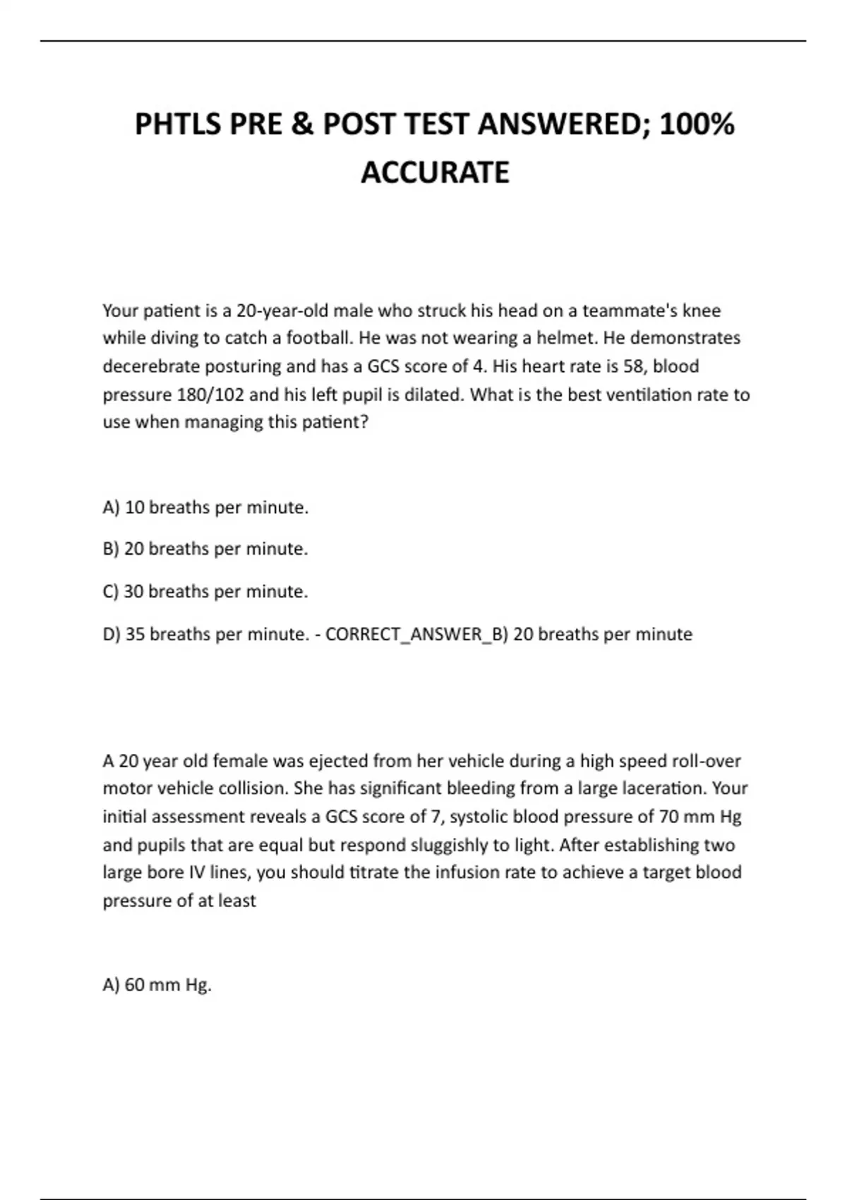 PHTLS PRE & POST TEST ANSWERED; 100% ACCURATE - PHTLS - Stuvia US