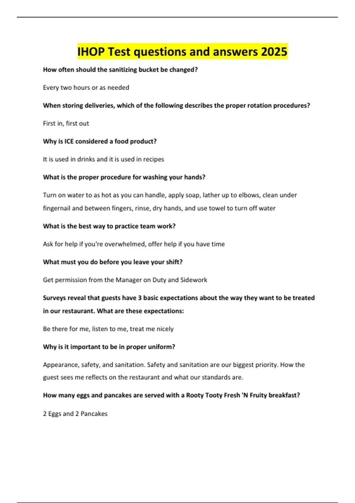 IHOP Test questions and answers 2025 - BOH SOP - Stuvia US