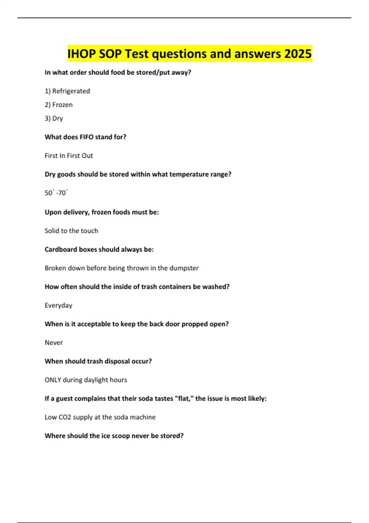 IHOP SOP Test questions and answers 2025 - BOH SOP - Stuvia US