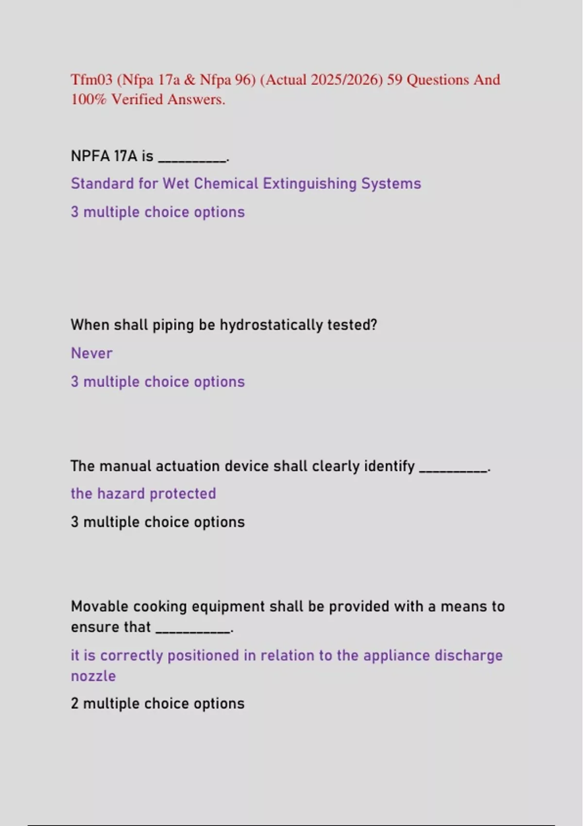 Tfm03 (Nfpa 17a & Nfpa 96) (Actual 2025/2026) 59 Questions And 100% ...