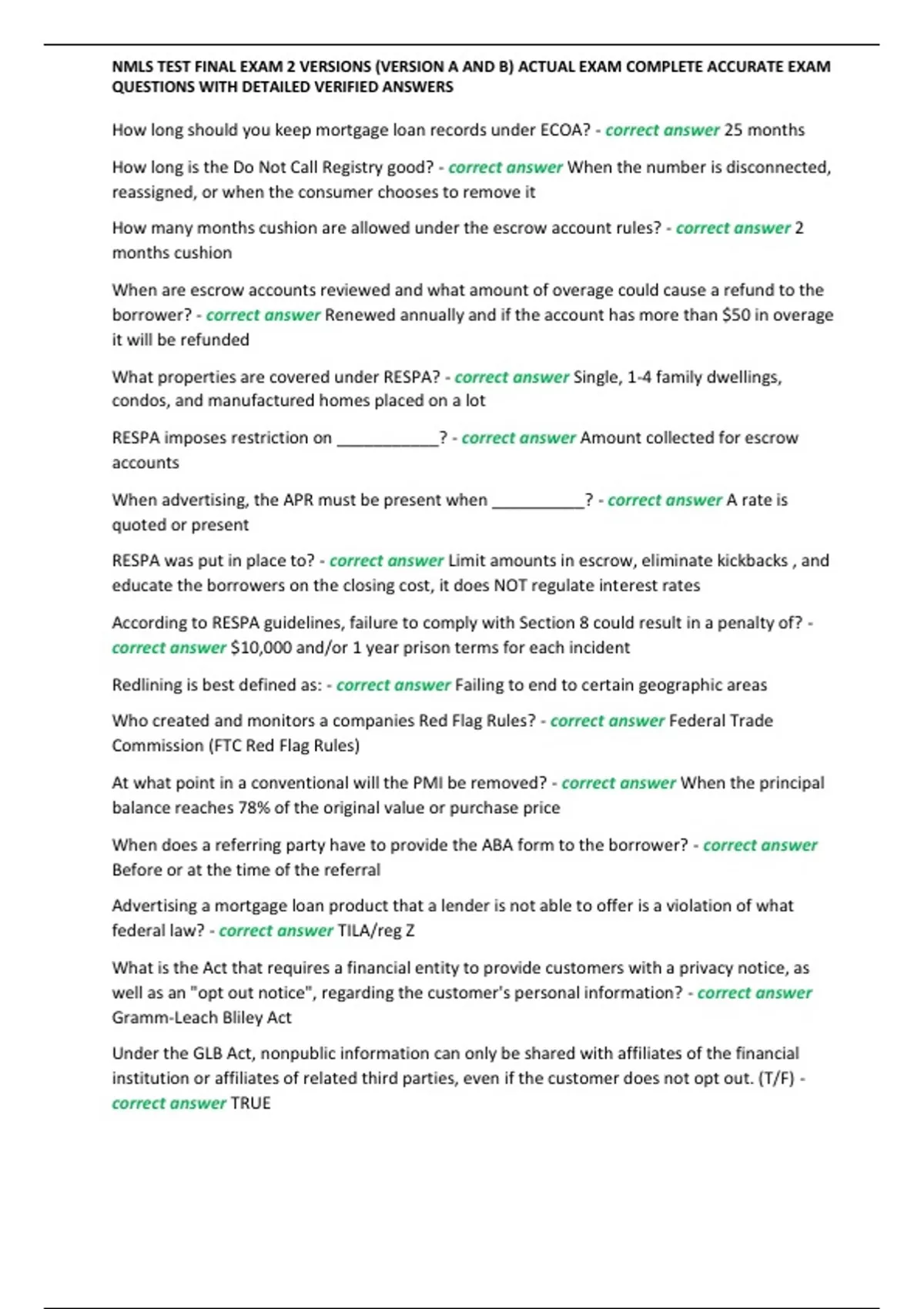 NMLS TEST FINAL EXAM 2 VERSIONS (VERSION A AND B) ACTUAL EXAM COMPLETE ...