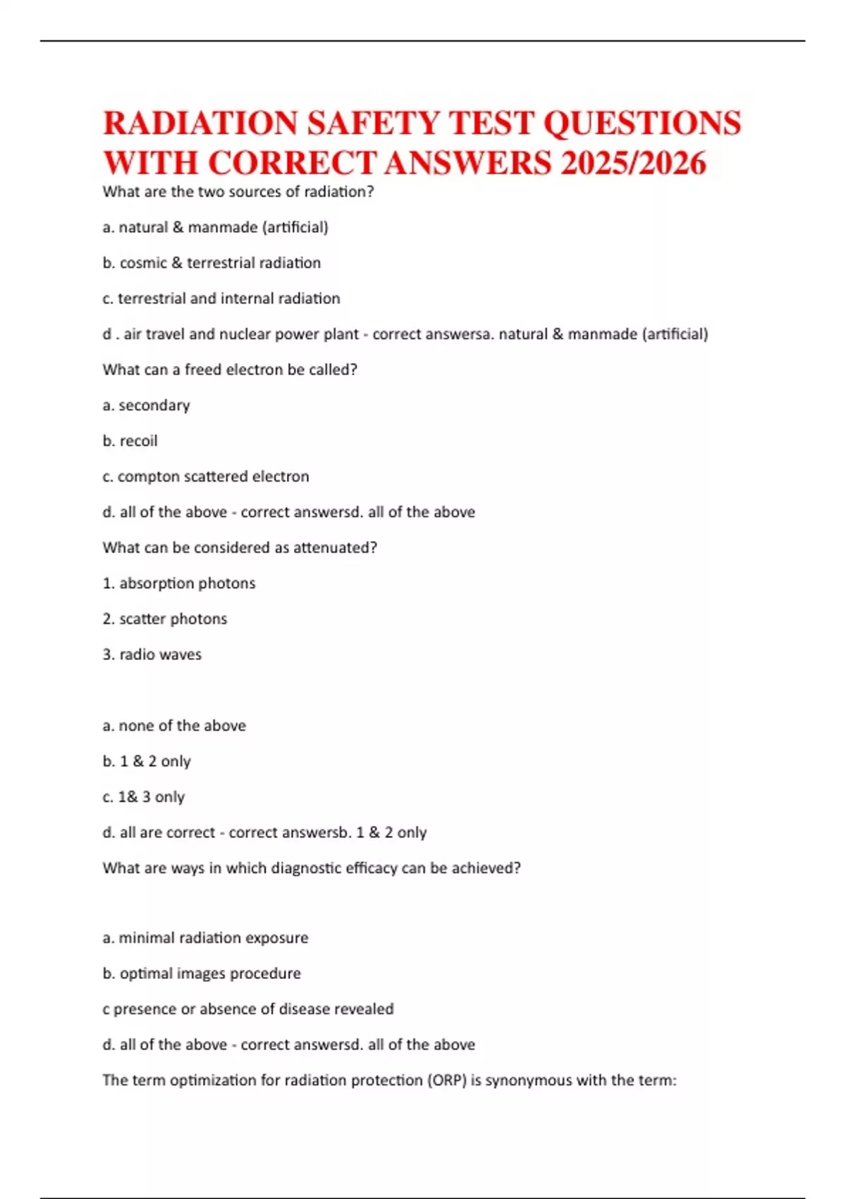 RADIATION SAFETY TEST QUESTIONS WITH CORRECT ANSWERS 2025 - Radiation ...