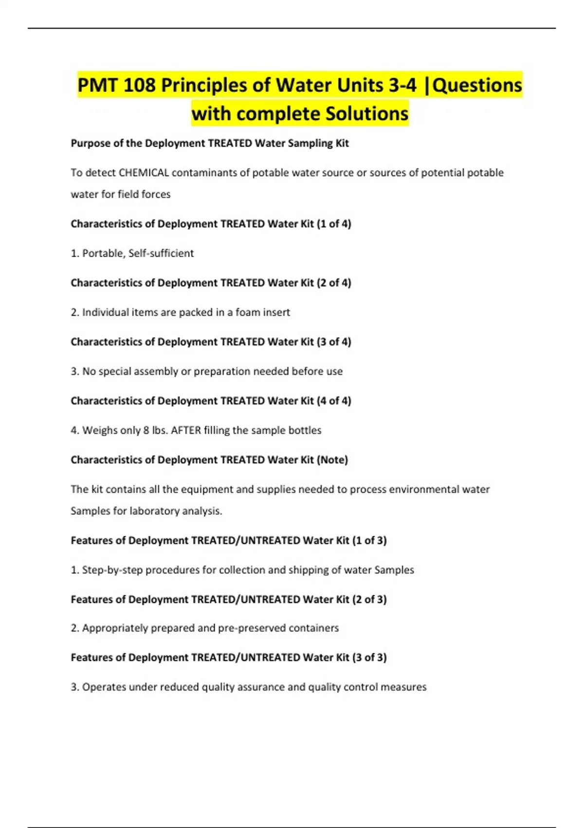 PMT 108 Principles of Water Units 3-4 |Questions with complete ...