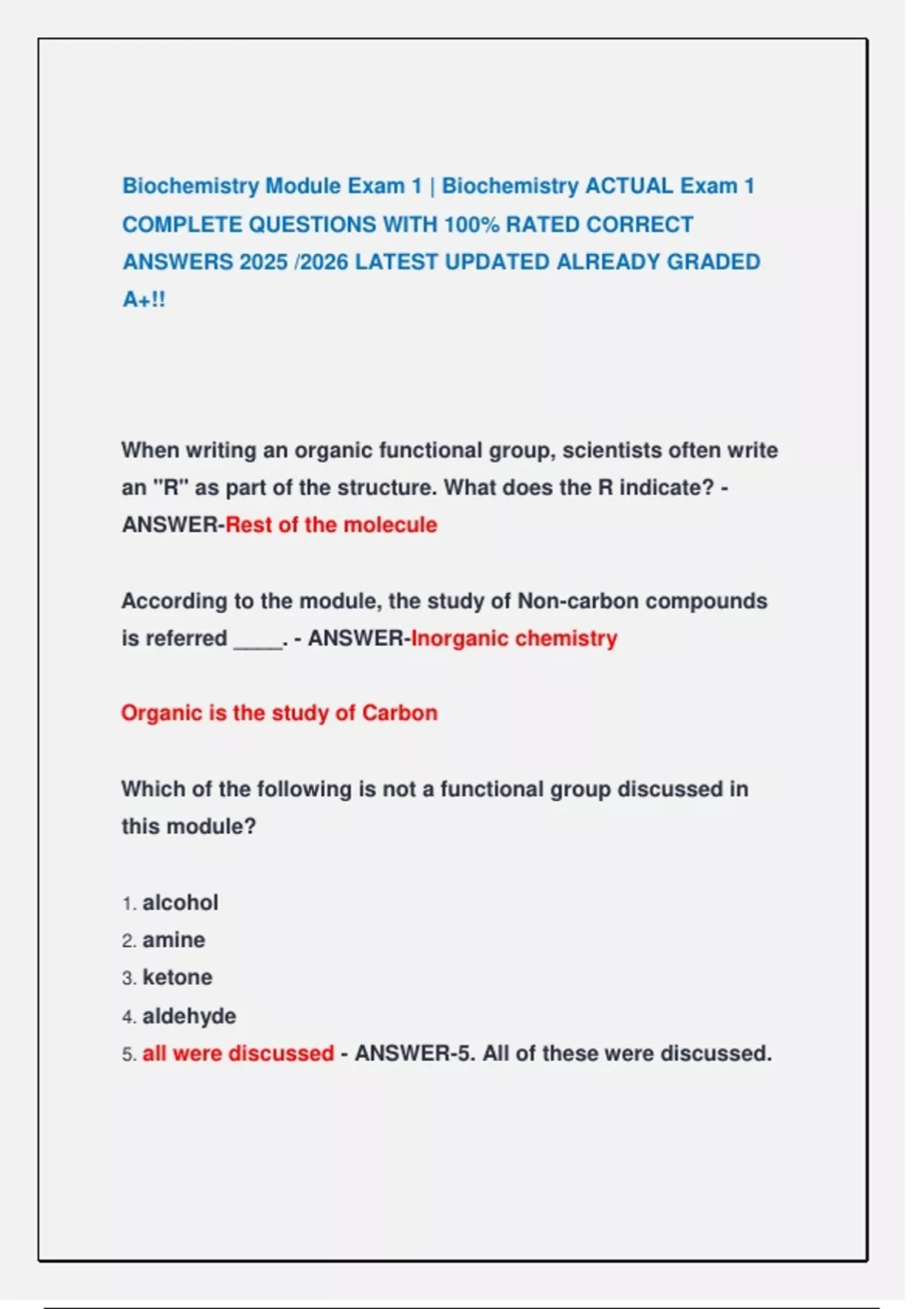 Biochemistry Module Exam 1 | Biochemistry ACTUAL Exam 1 COMPLETE ...