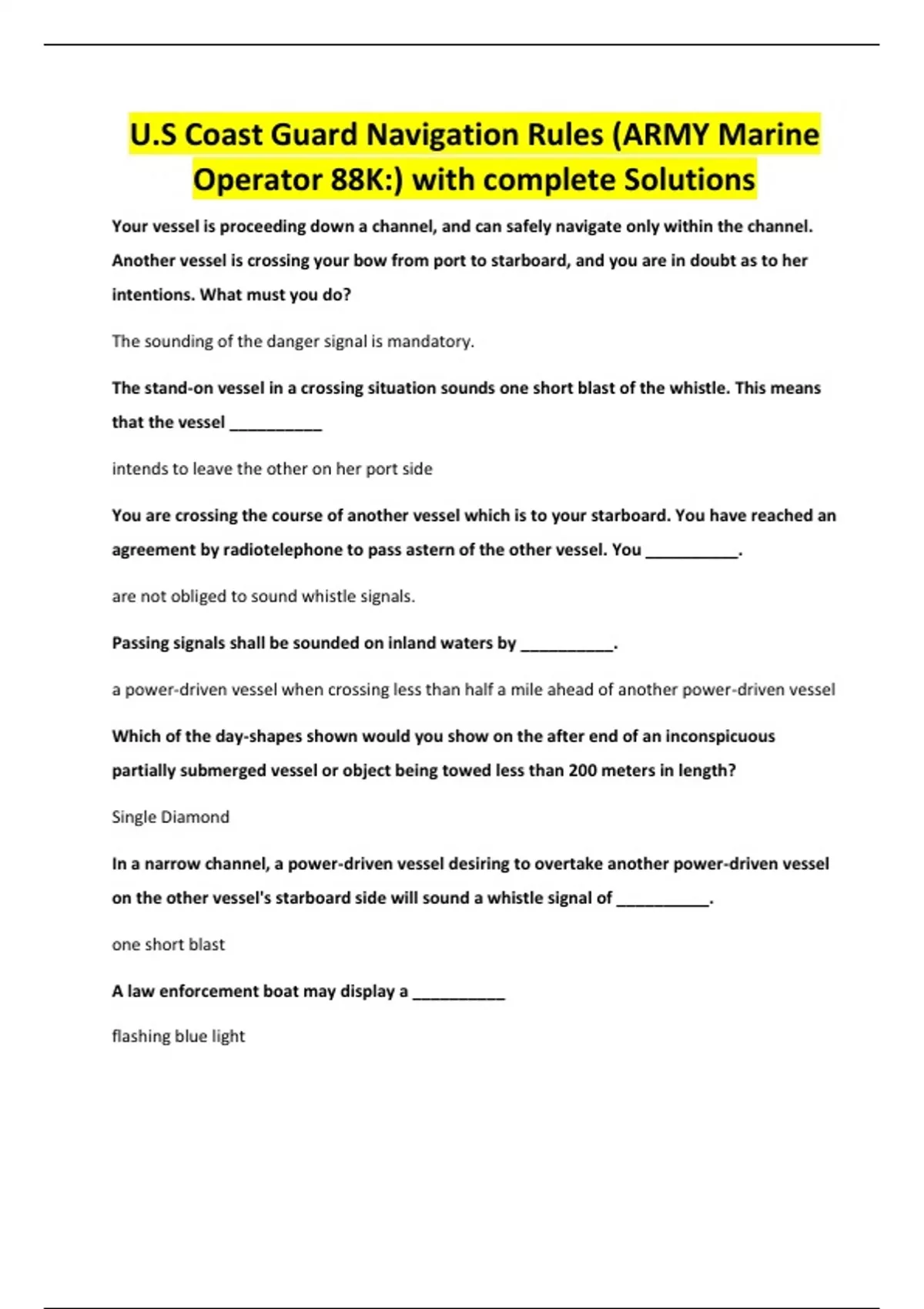 U.S Coast Guard Navigation Rules (ARMY Marine Operator 88K:) with ...