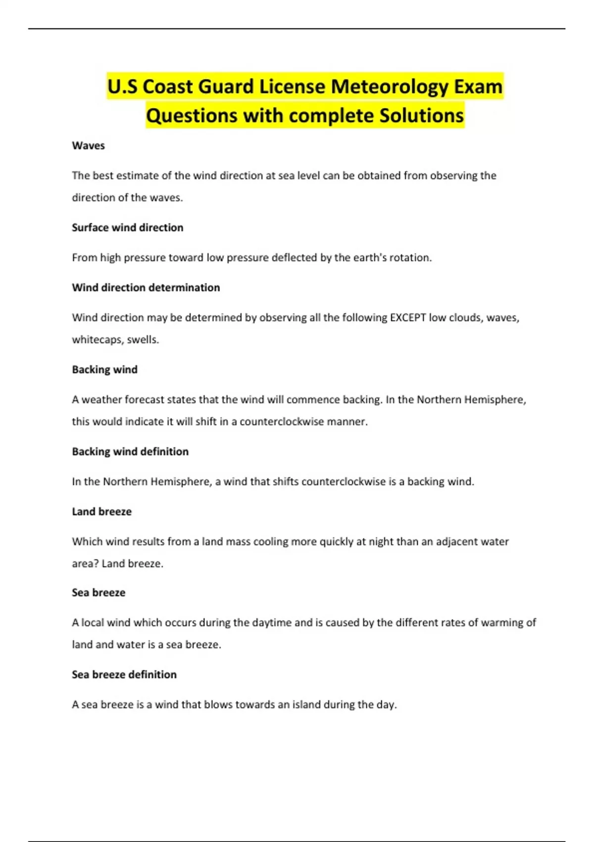 U.S Coast Guard License Meteorology Exam Questions with complete ...