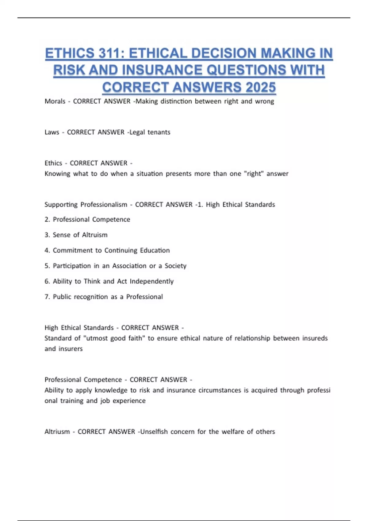 ETHICS 311: ETHICAL DECISION MAKING IN RISK AND INSURANCE QUESTIONS ...