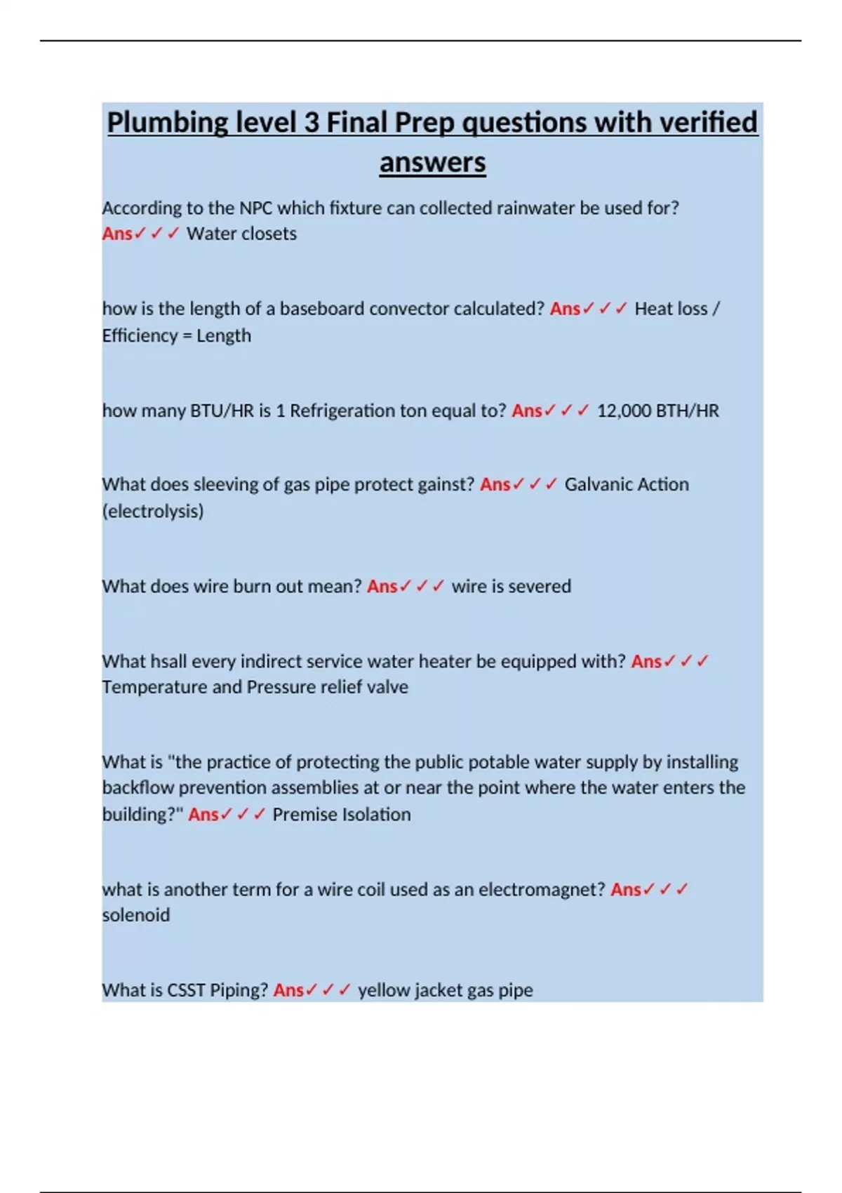 Plumbing level 3 Final Prep questions with verified answers - Plumbing ...