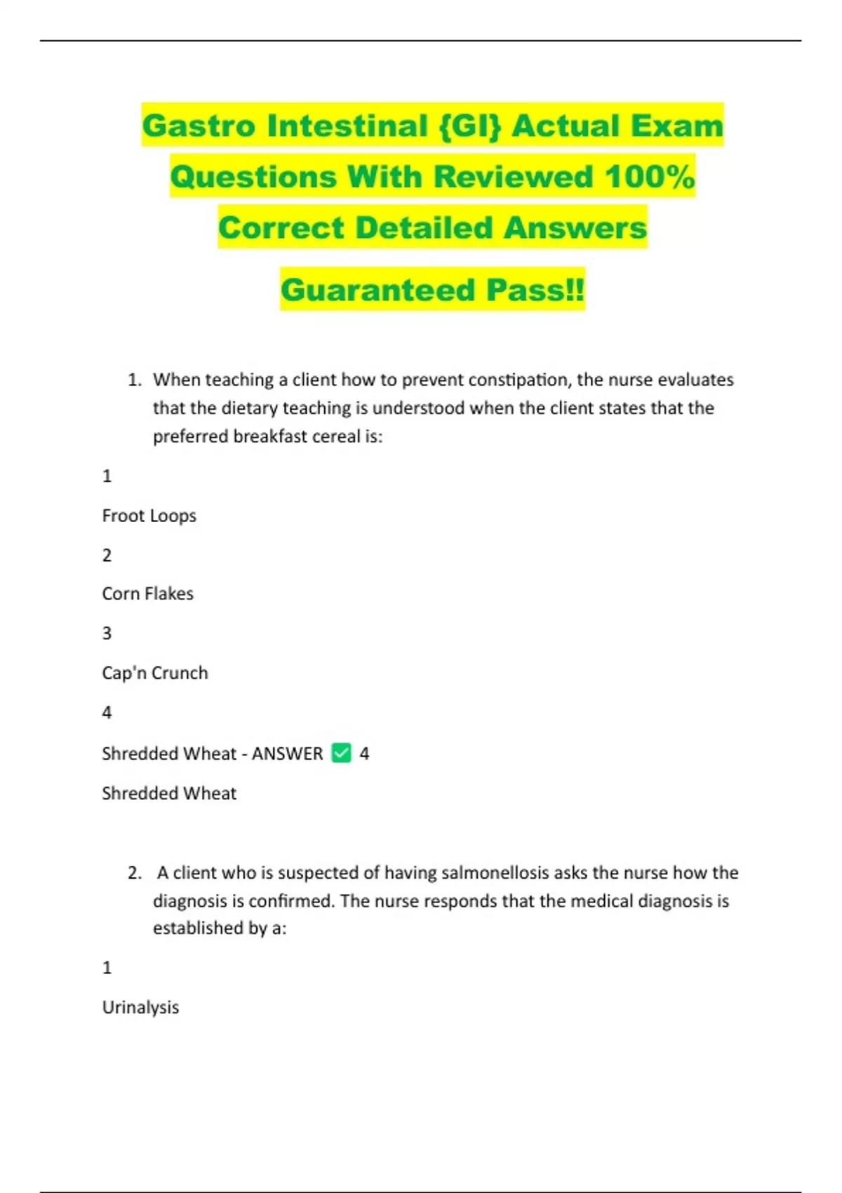 Gastro Intestinal {GI} Actual Exam Questions With Reviewed 100% Correct ...