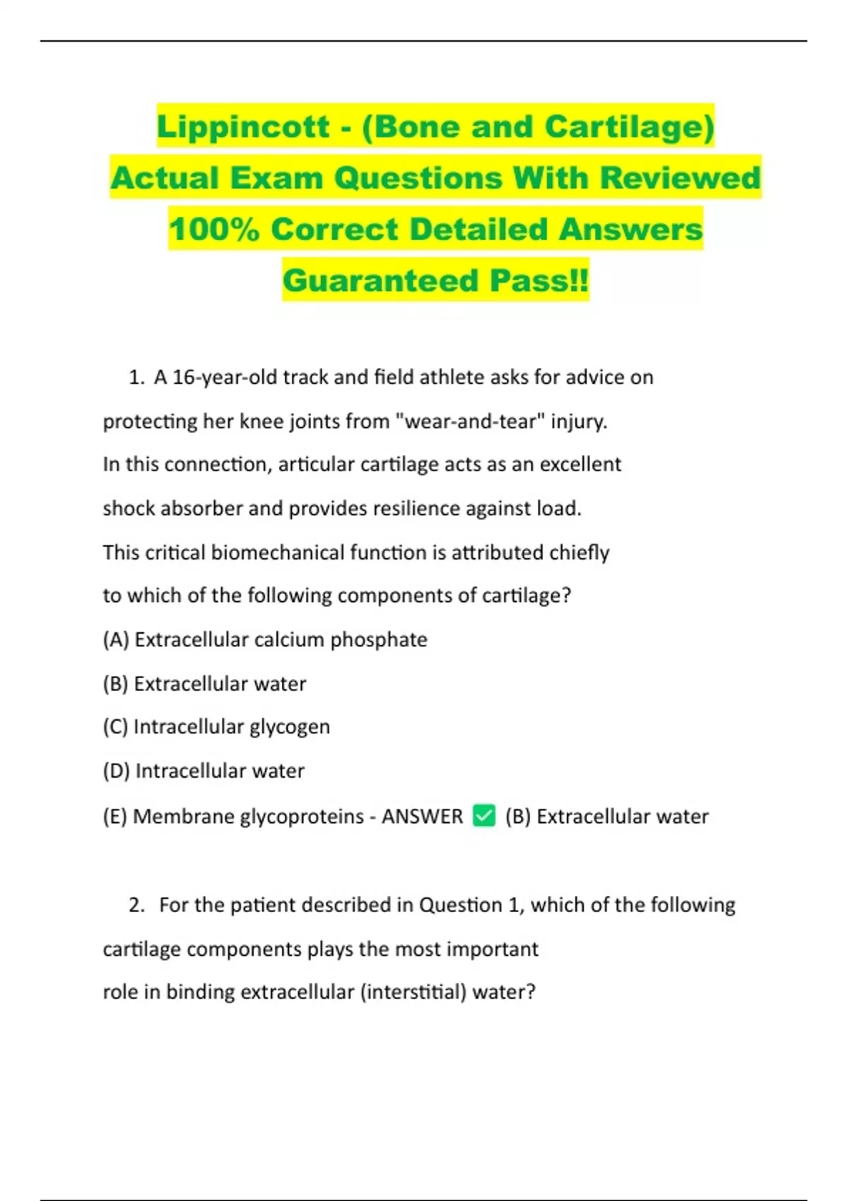Lippincott - (Bone and Cartilage) Actual Exam Questions With Reviewed ...