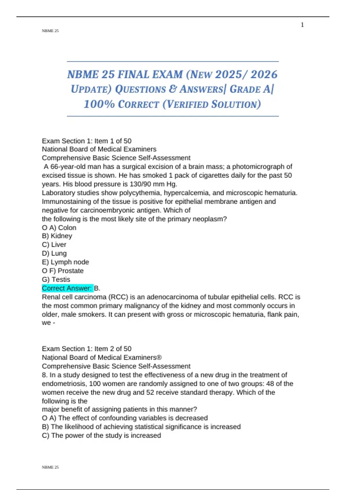 NBME 25 FINAL EXAM (NEW 2025/ 2026 UPDATE) QUESTIONS & ANSWERS| GRADE A| 100% CORRECT (VERIFIED ...