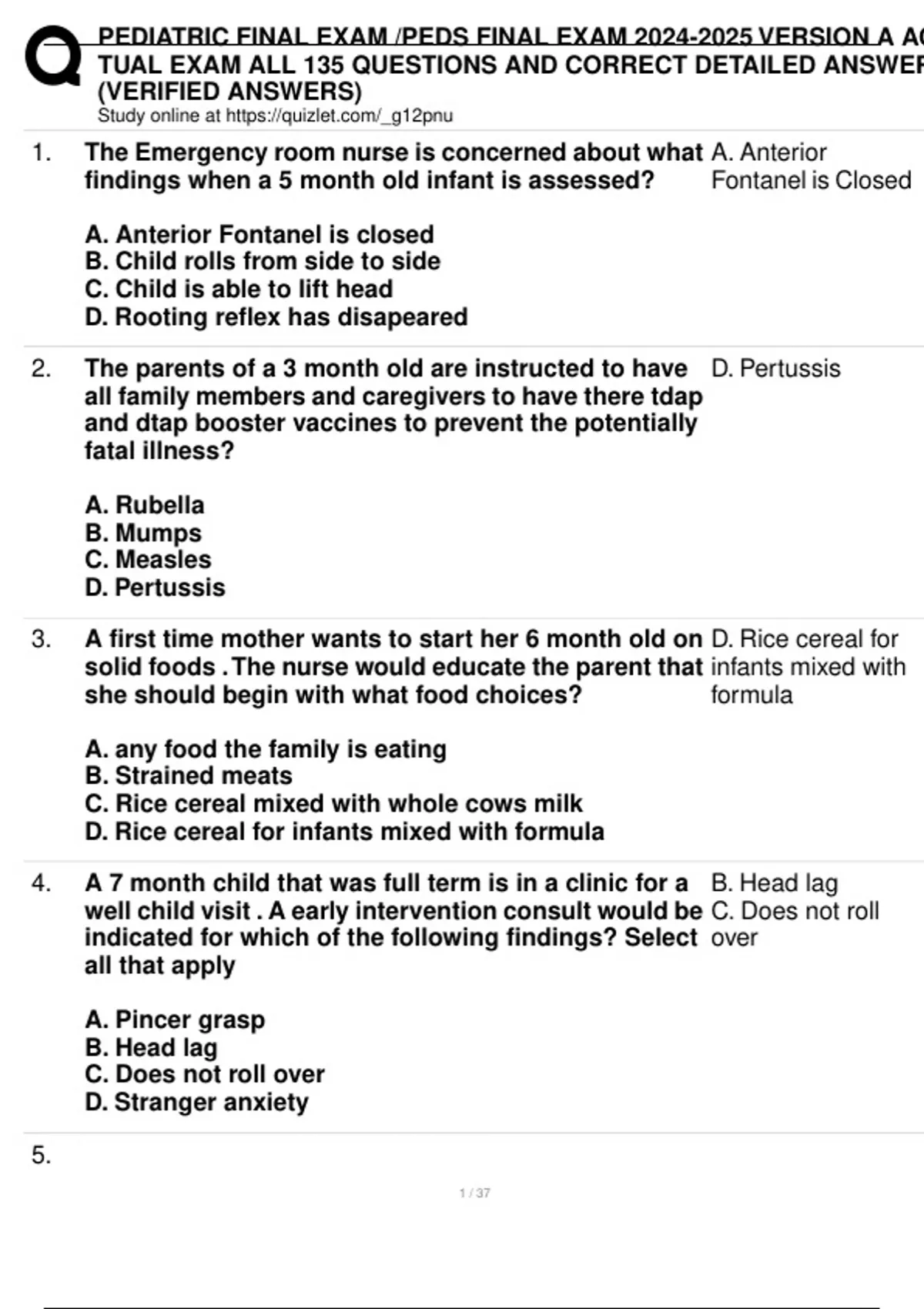 PEDIATRIC FINAL EXAM /PEDS FINAL EXAM VERSION A ACTUAL EXAM ALL 135 ...