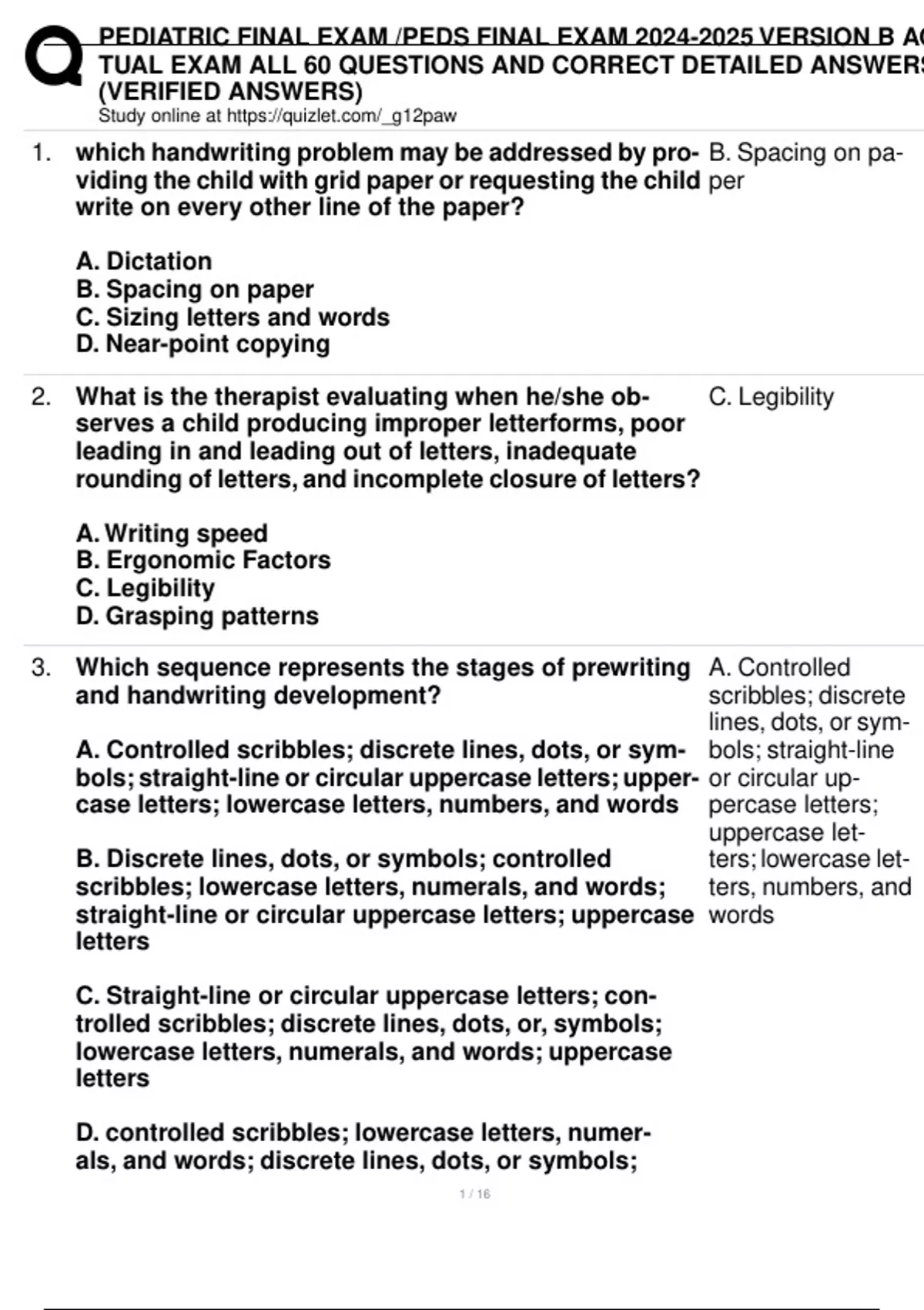 PEDIATRIC FINAL EXAM /PEDS FINAL EXAM VERSION B ACTUAL EXAM ALL 60 QUESTIONS AND CORRECT ...