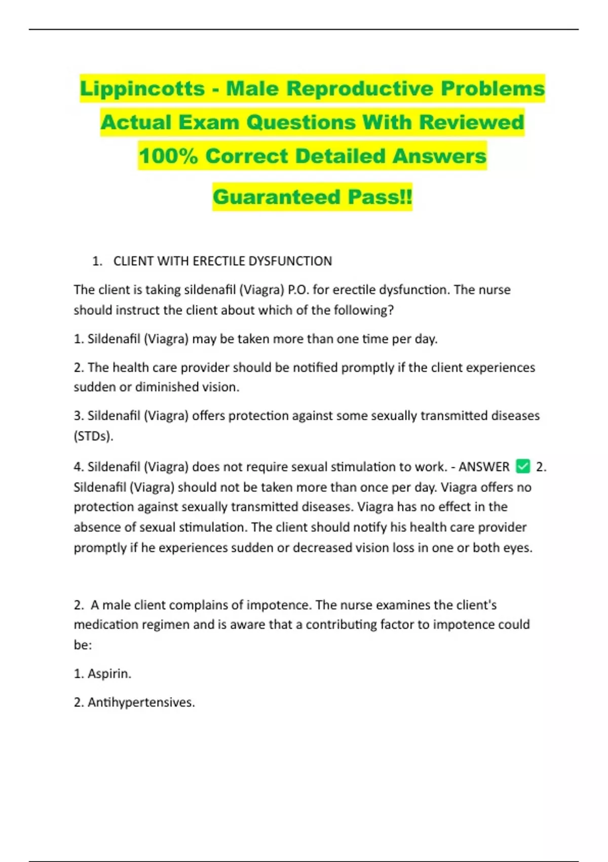 Lippincotts - Male Reproductive Problems Actual Exam Questions With Reviewed 100% Correct ...