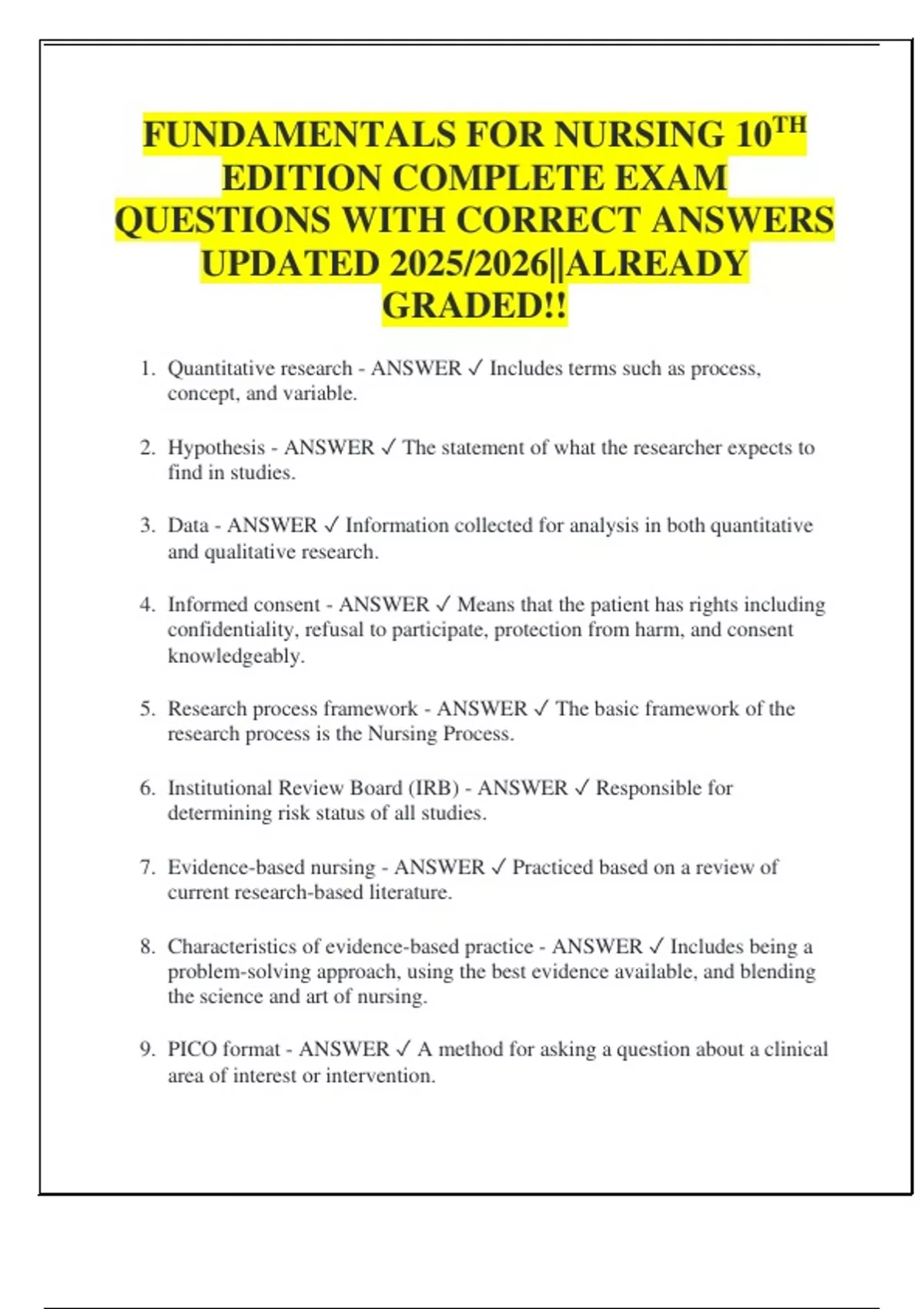 FUNDAMENTALS FOR NURSING 10TH EDITION COMPLETE EXAM QUESTIONS WITH ...