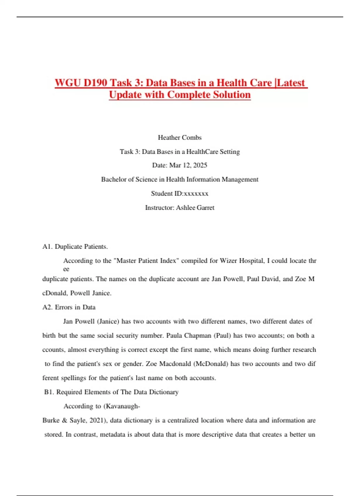 WGU D190 Task 3: Data Bases in a Health Care |Latest Update with ...