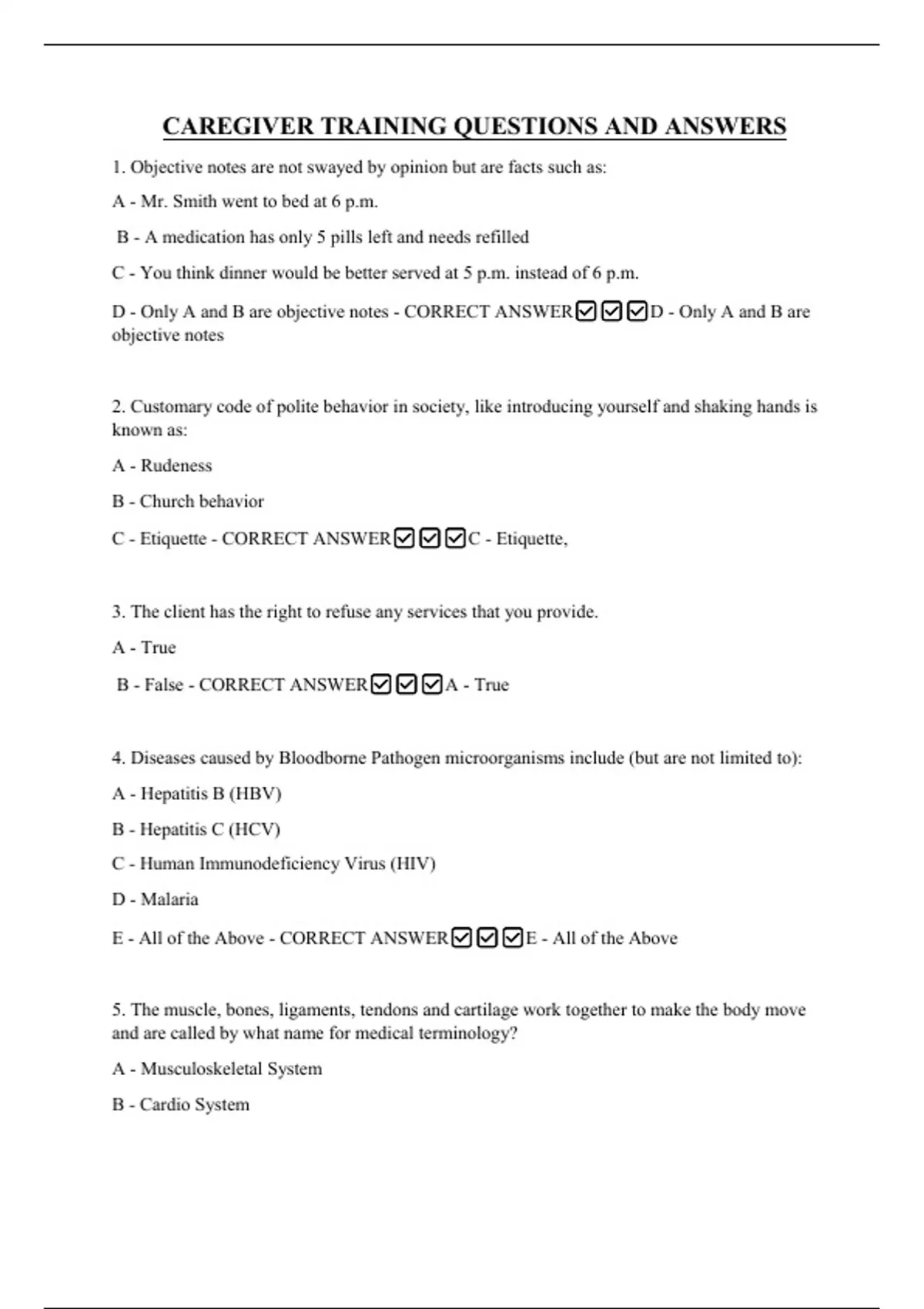 CAREGIVER TRAINING QUESTIONS AND ANSWERS - CAREGIVER - Stuvia US