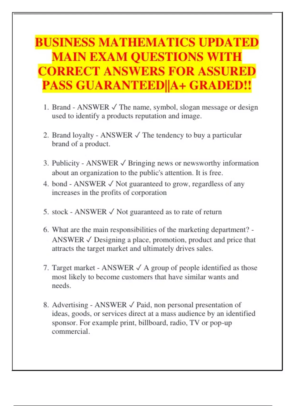 BUSINESS MATHEMATICS UPDATED MAIN EXAM QUESTIONS WITH CORRECT ANSWERS ...