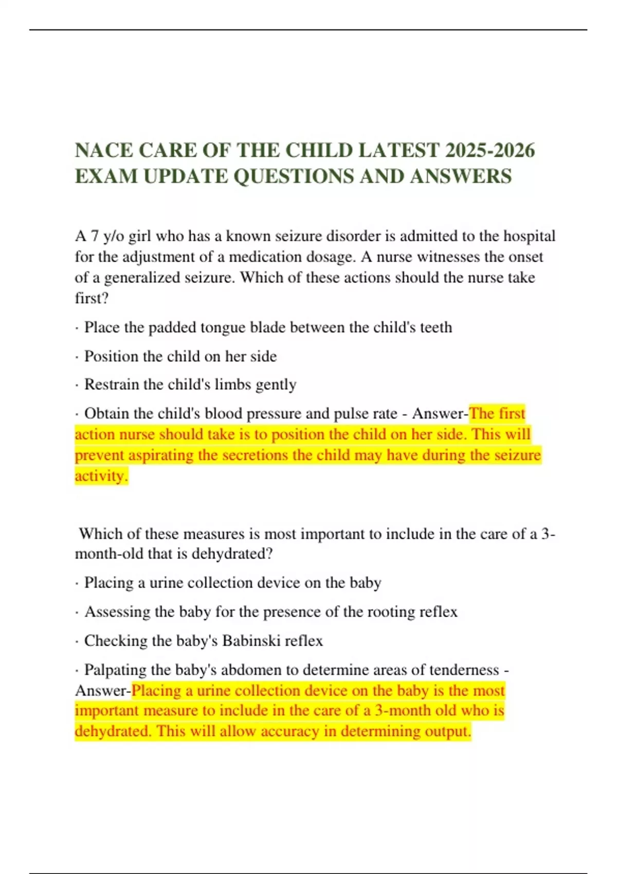 NACE CARE OF THE CHILD LATEST EXAM UPDATE QUESTIONS AND ANSWERS - NACE ...