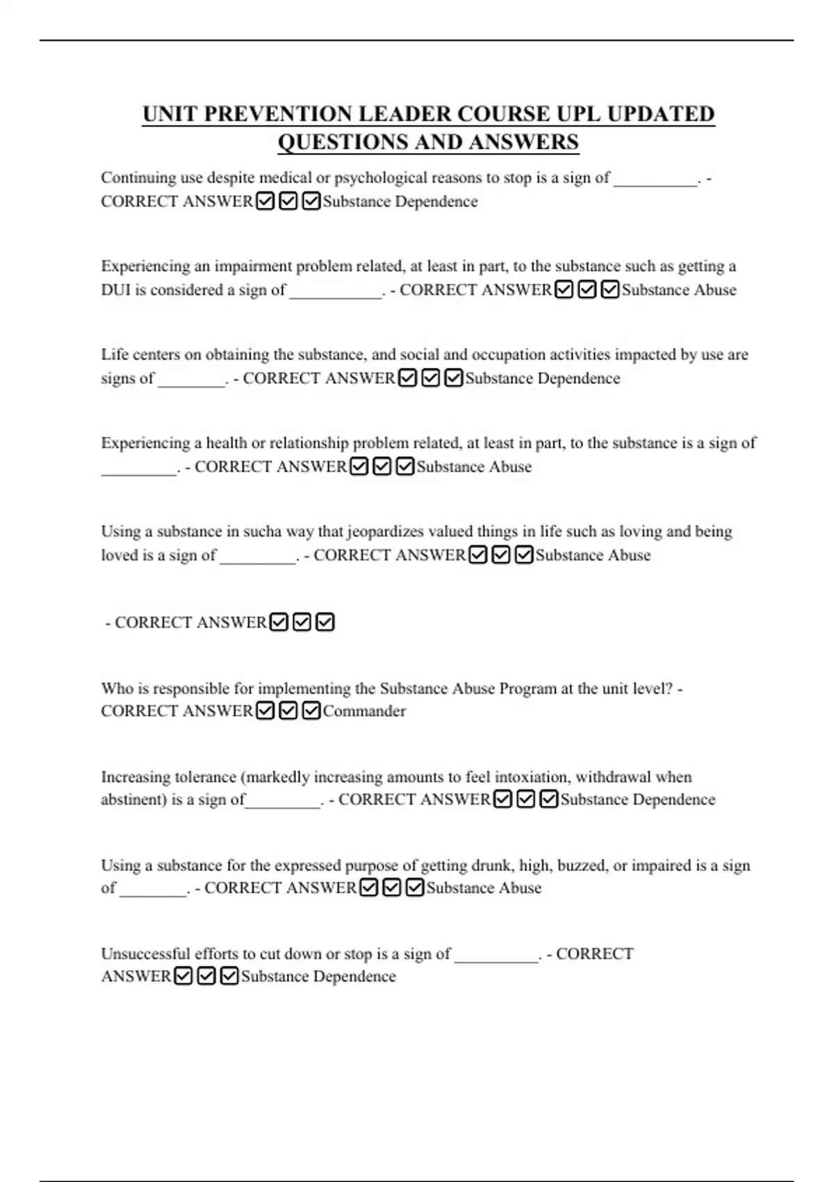 UNIT PREVENTION LEADER COURSE UPL UPDATED QUESTIONS AND ANSWERS - UPL - Stuvia US