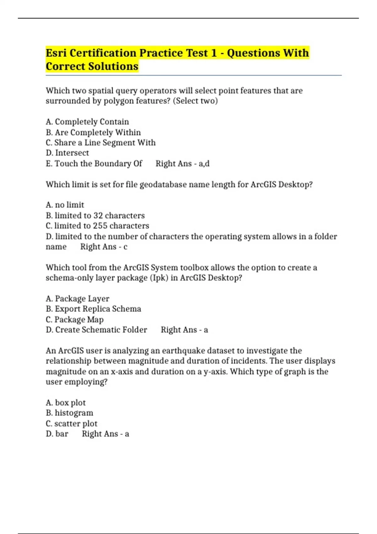 Esri Certification Practice Test 1 - Questions With Correct Solutions ...