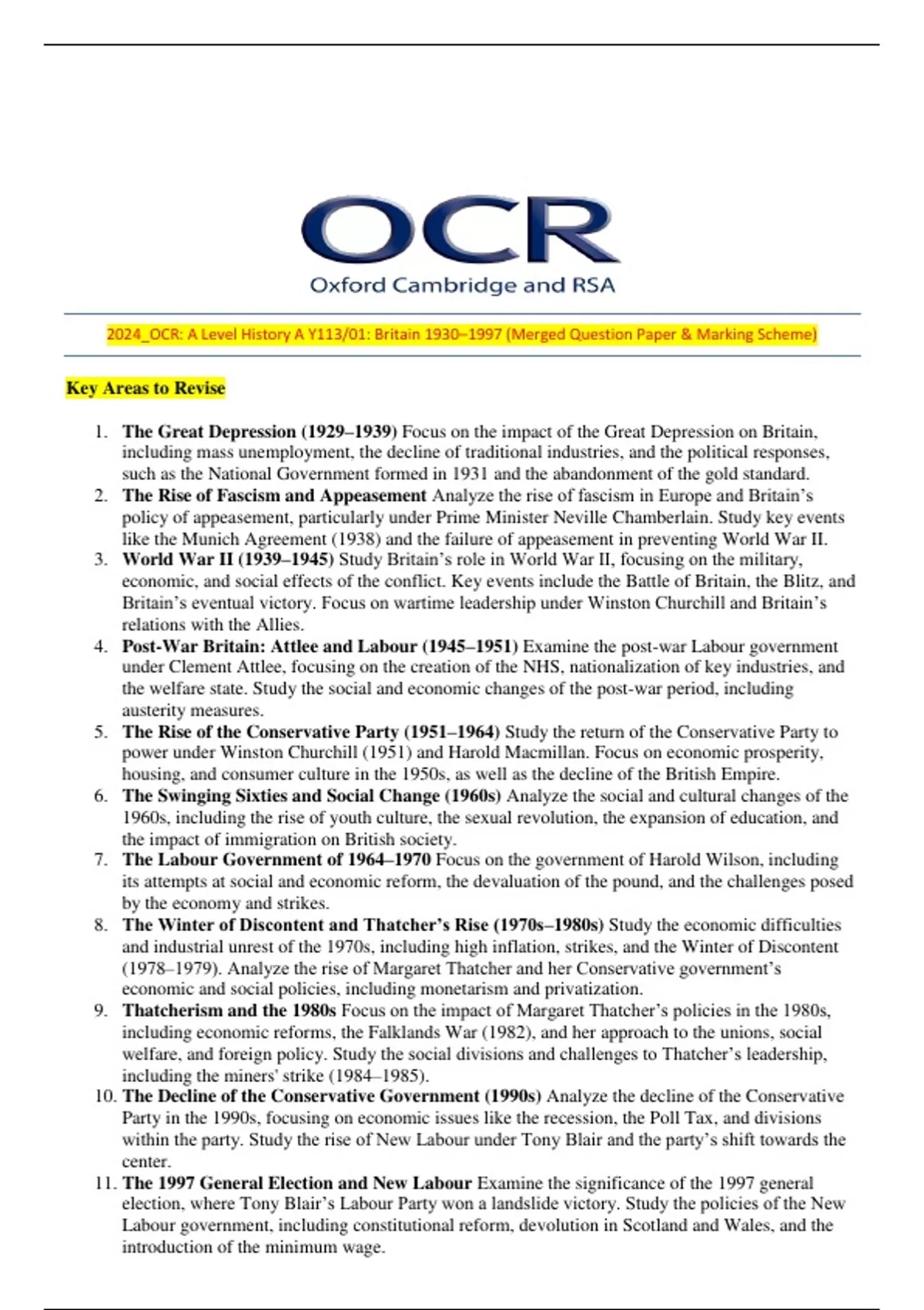 2024_OCR: A Level History A Y113/01: Britain 1930–1997 (Merged Question ...
