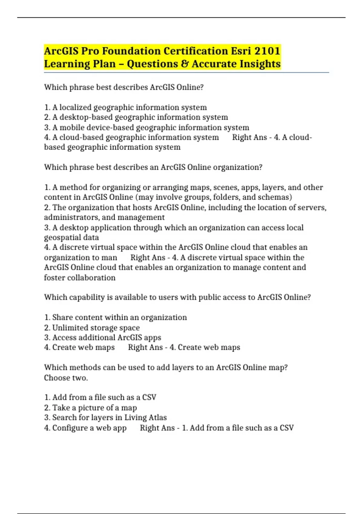 ArcGIS Pro Foundation Certification Esri 2101 Learning Plan – Questions ...